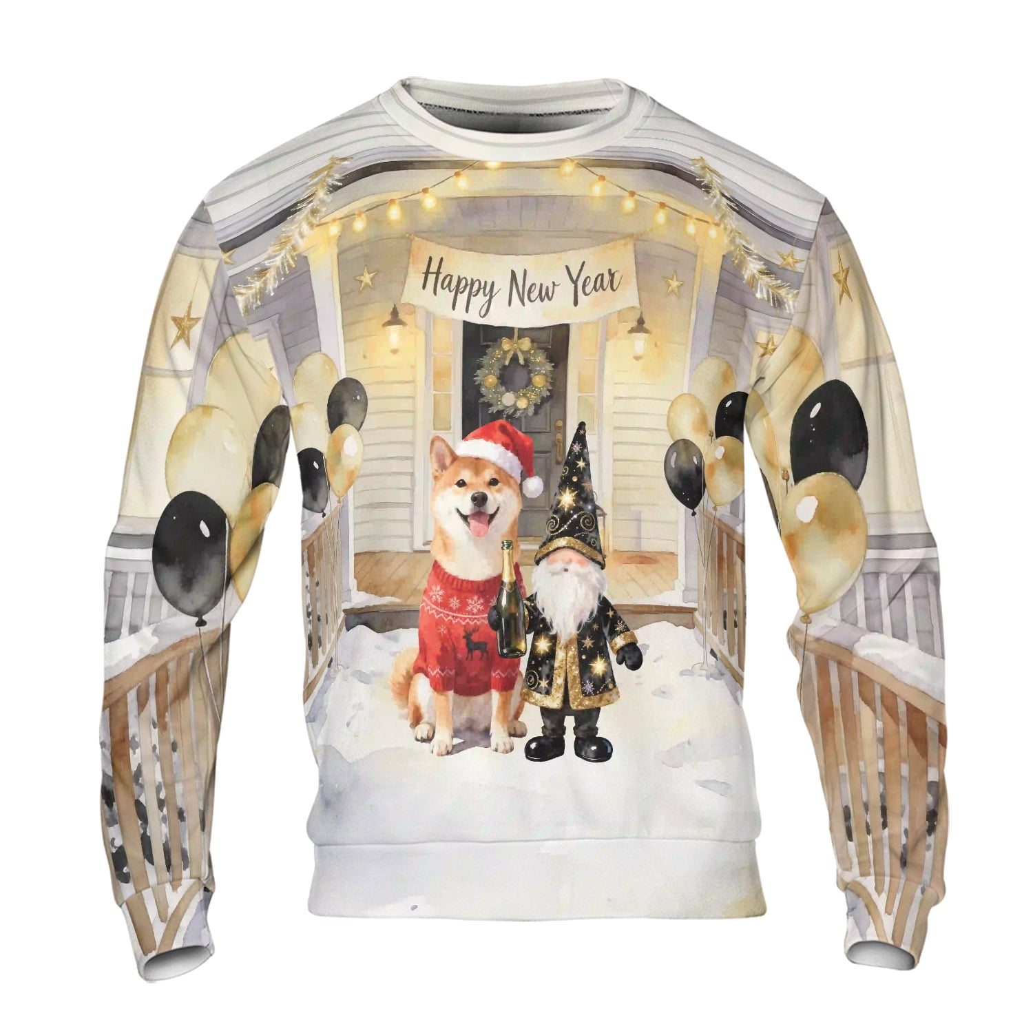 Happy New Year 2026 Shiba Inu Santa Gnome Holiday Party Snow All Over ...