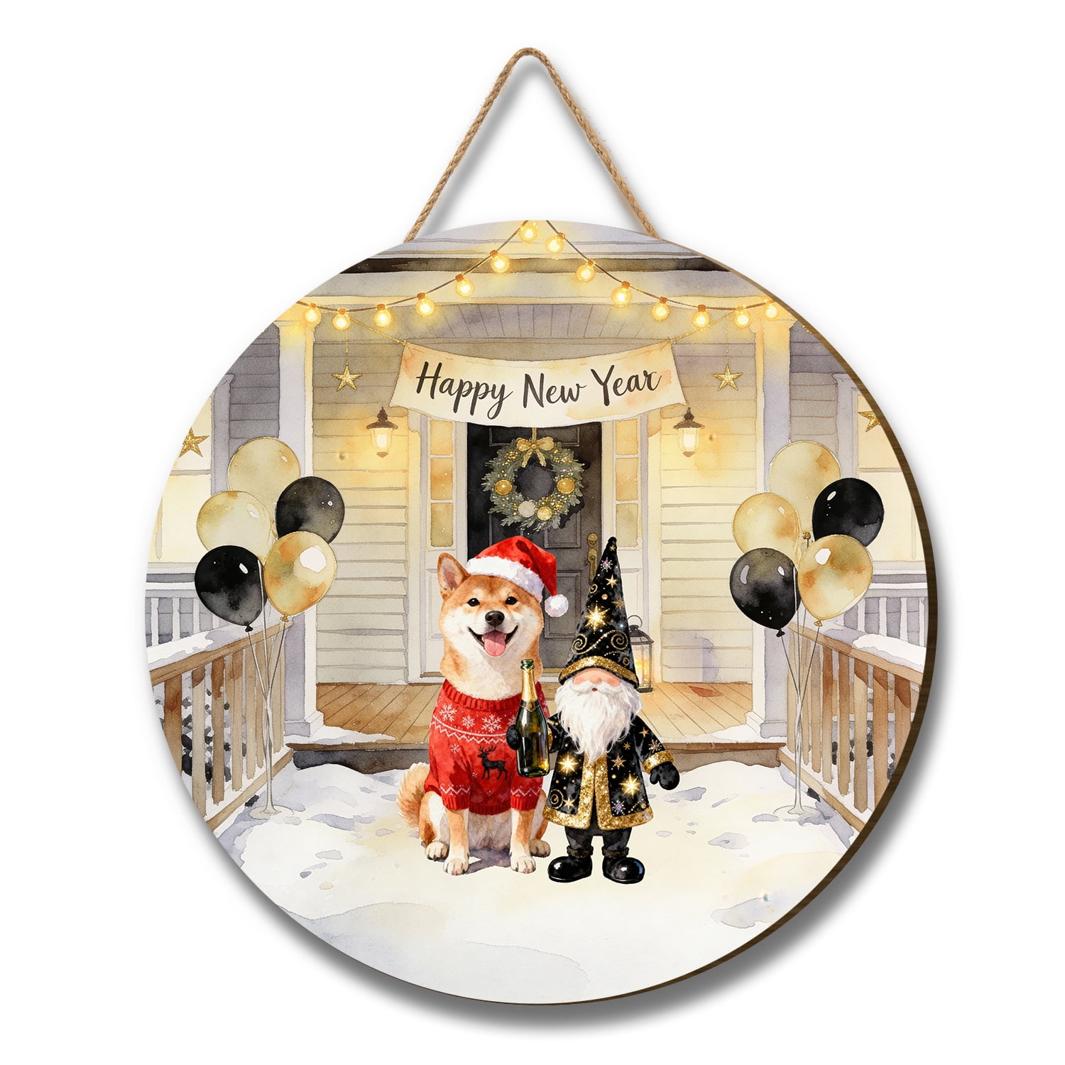 Happy New Year 2026 Shiba Inu Santa Gnome Holiday Party Snow Round Wood ...