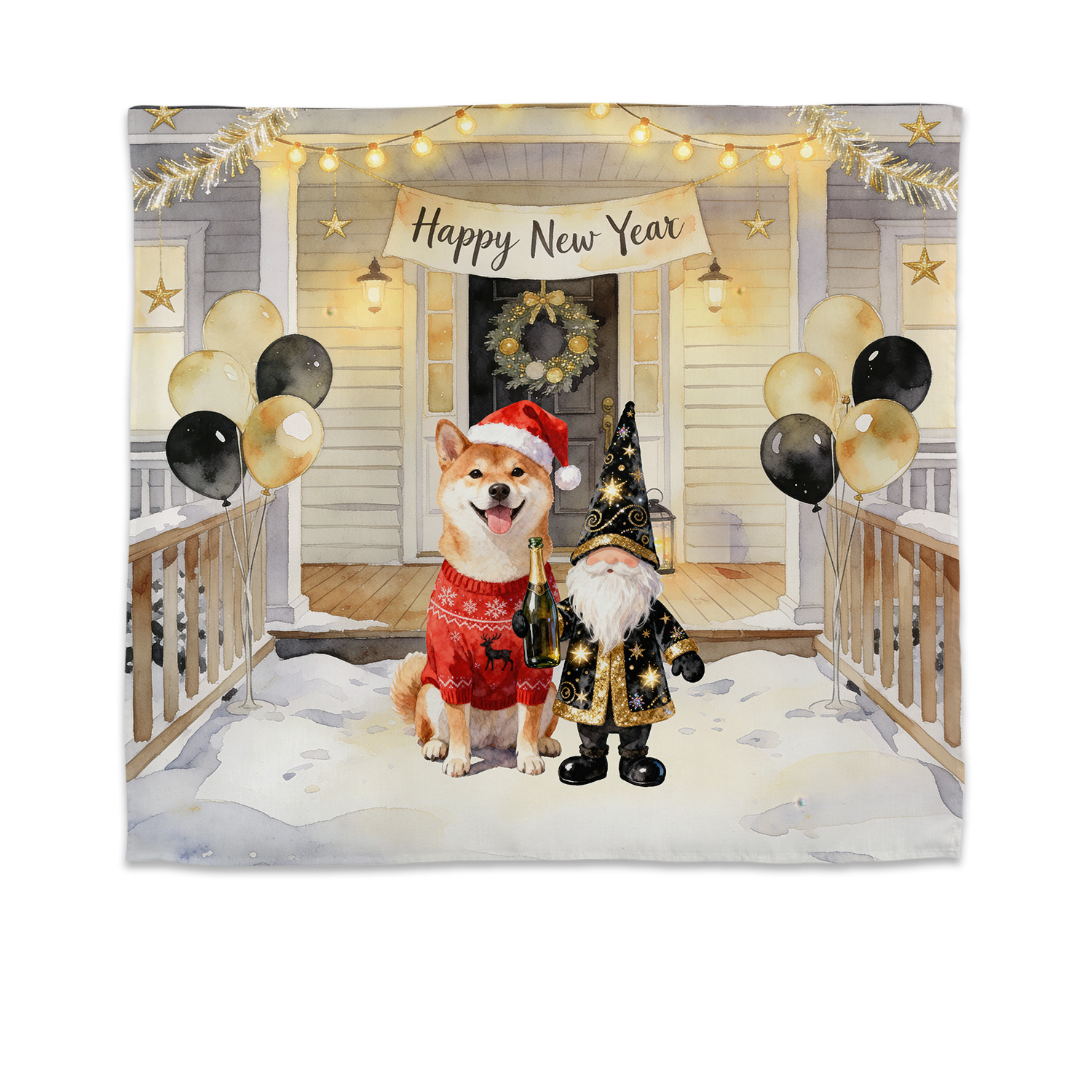 Happy New Year 2026 Shiba Inu Santa Gnome Holiday Party Snow Tapestry ...