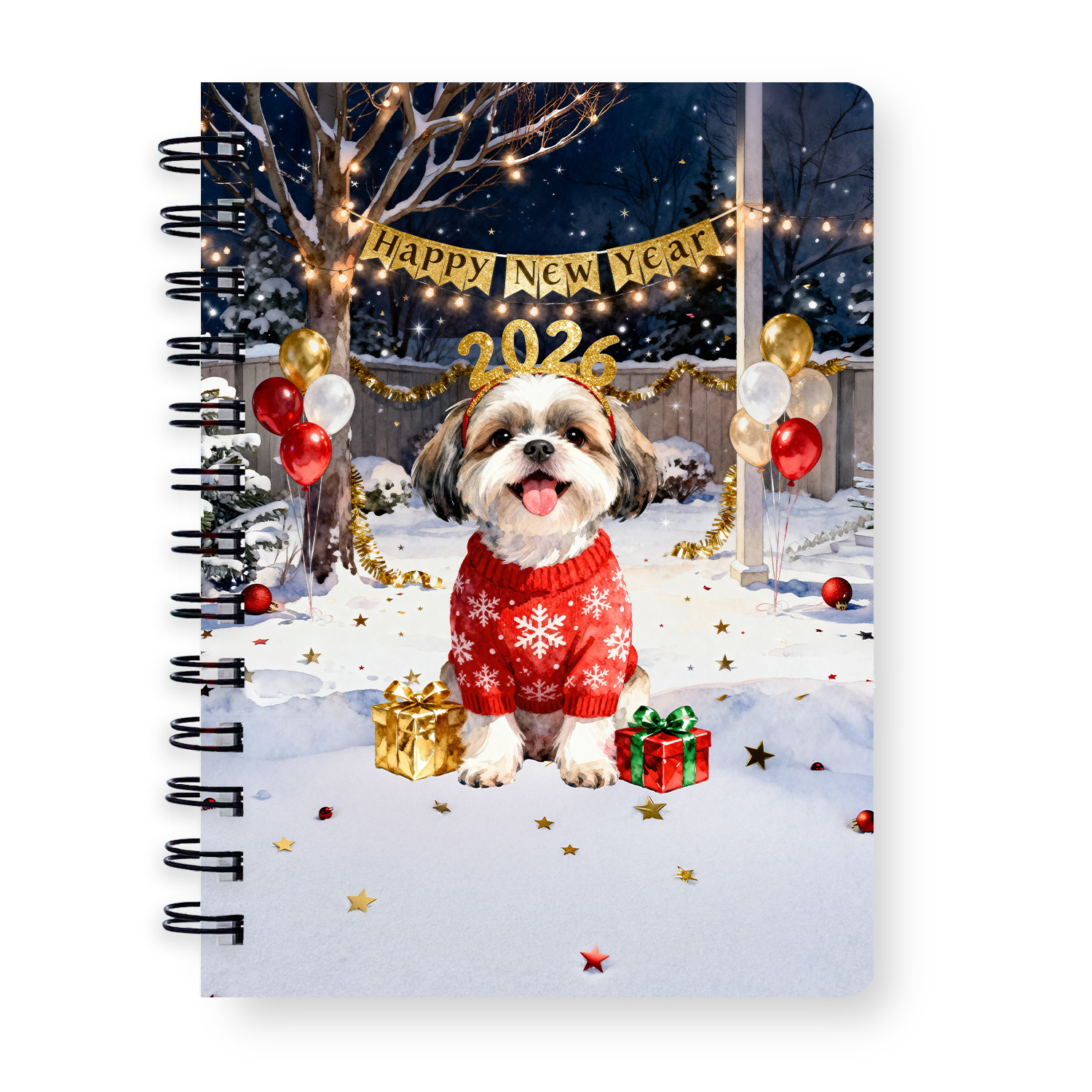 Happy New Year 2026 Shih Tzu Holiday Balloons Party Snow Spiral Bound ...