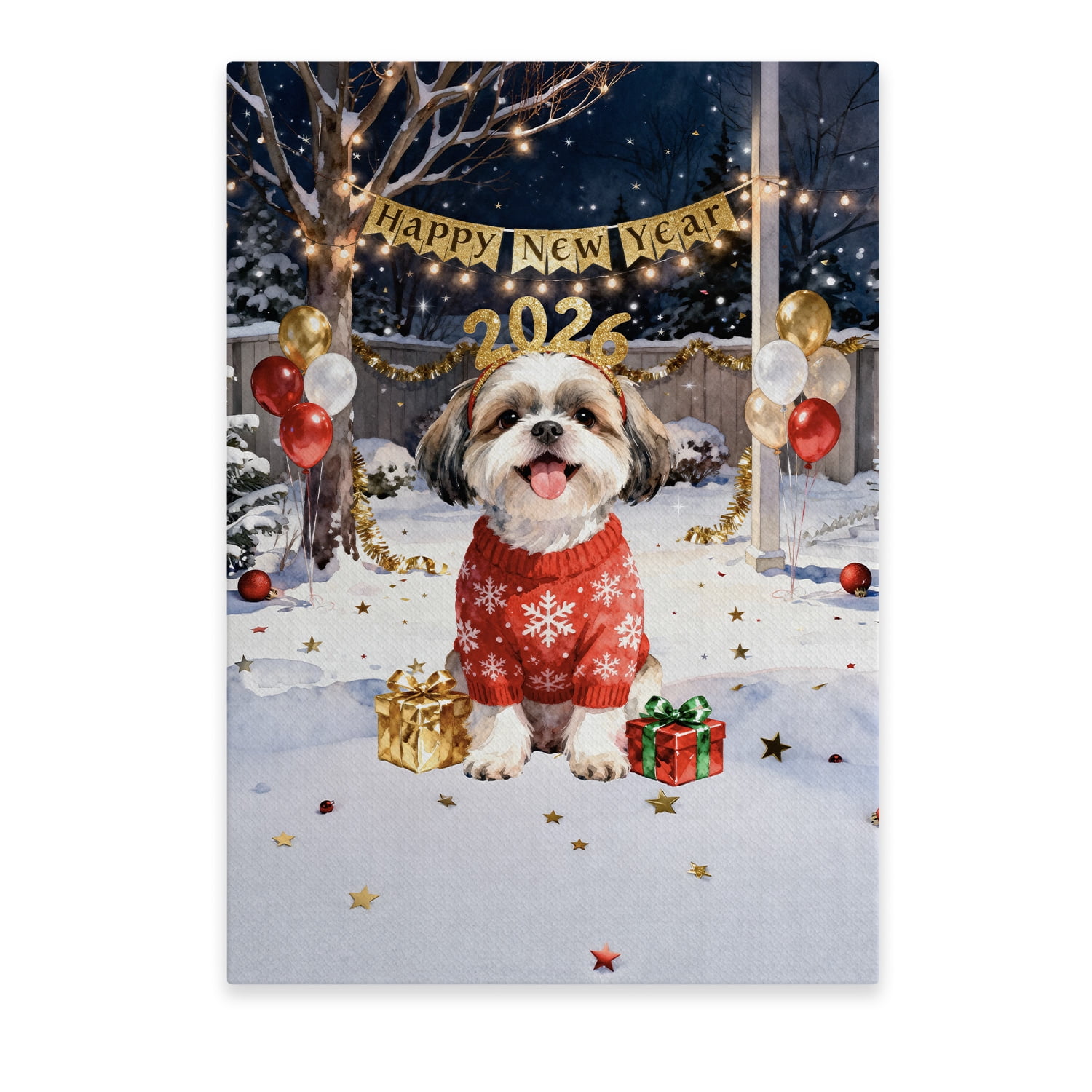 Happy New Year 2026 Shih Tzu Holiday Balloons Party Snow Vertical Matte ...