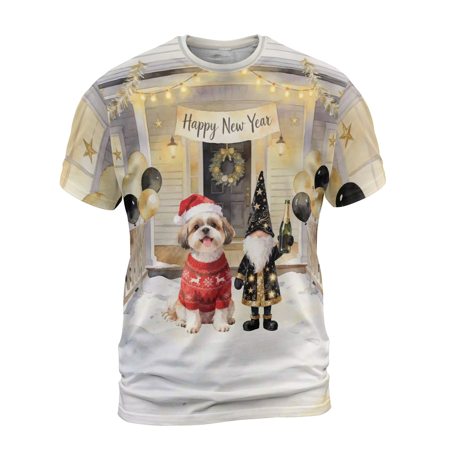 Happy New Year 2026 Shih Tzu Santa Gnome Holiday Party Snow All Over ...