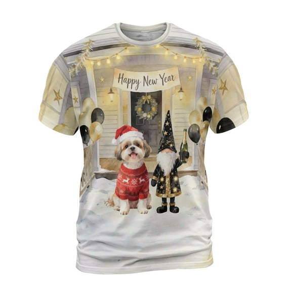 Happy New Year 2026 Shih Tzu Santa Gnome Holiday Party Snow All Over ...