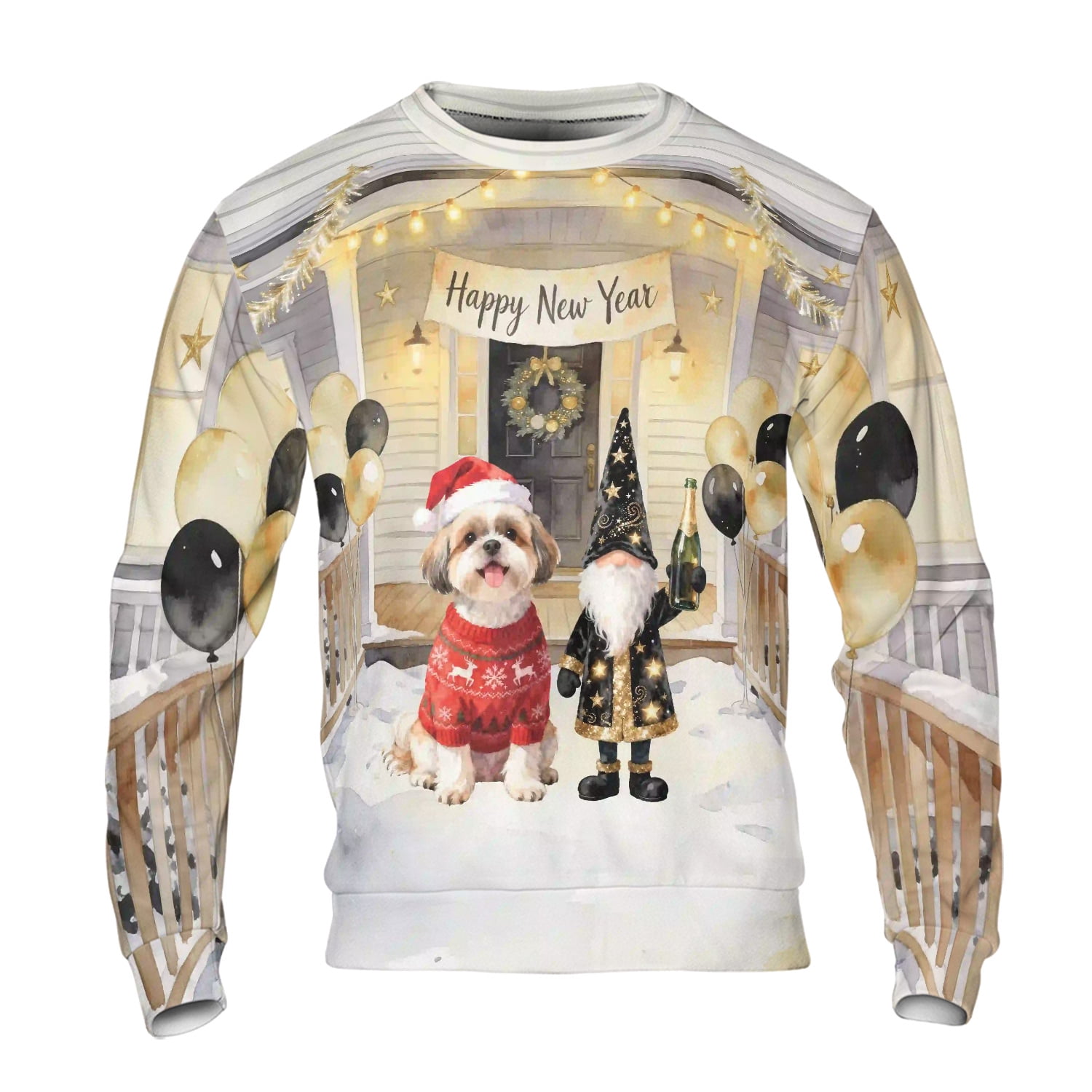 Happy New Year 2026 Shih Tzu Santa Gnome Holiday Party Snow All Over ...