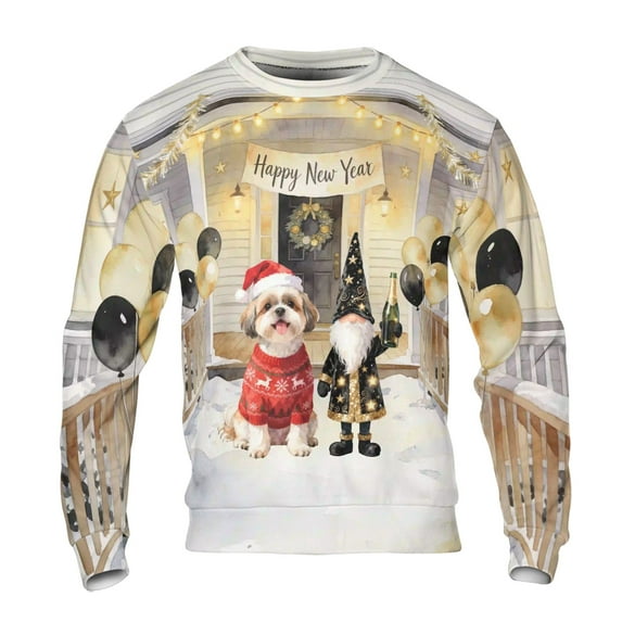 Happy New Year 2026 Shih Tzu Santa Gnome Holiday Party Snow All Over ...