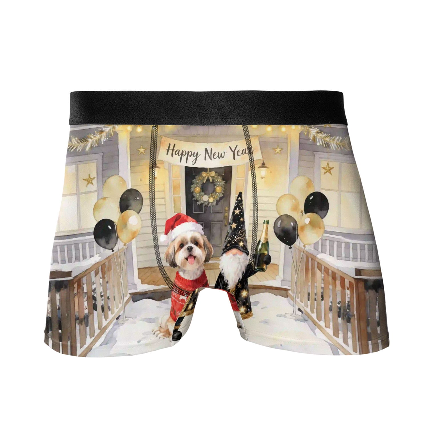 Happy New Year 2026 Shih Tzu Santa Gnome Holiday Party Snow All Over ...