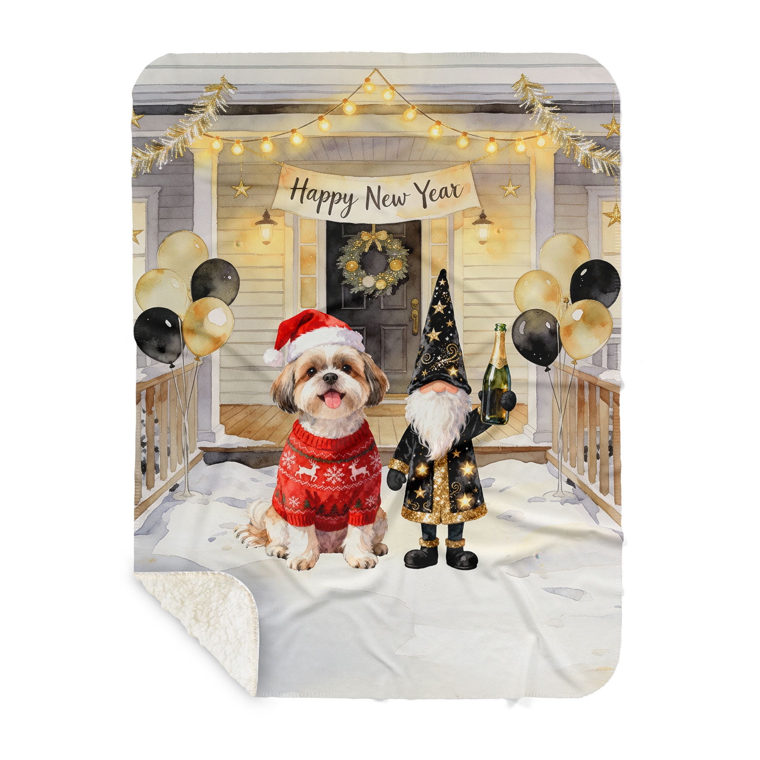 Happy New Year 2026 Shih Tzu Santa Gnome Holiday Party Snow Cozy Sherpa ...