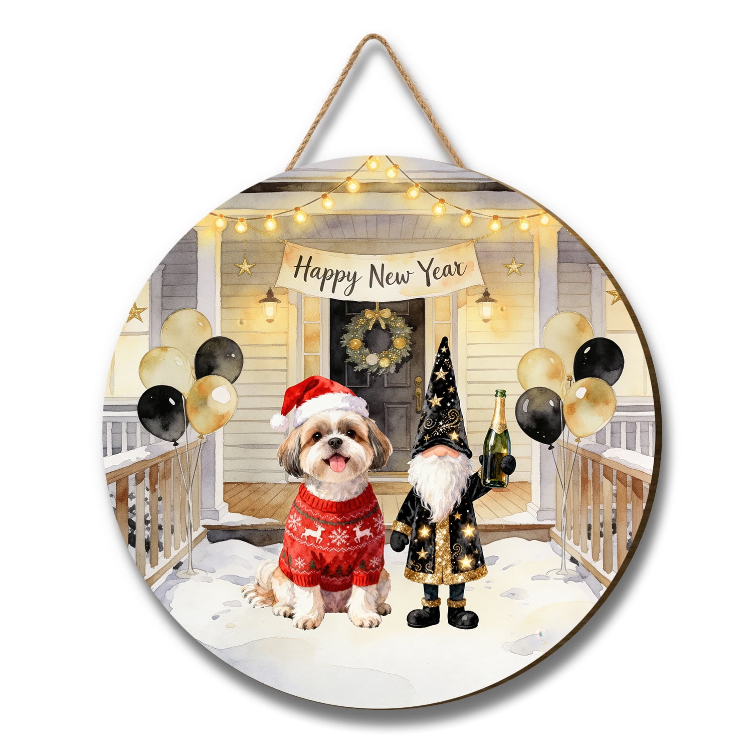 Happy New Year 2026 Shih Tzu Santa Gnome Holiday Party Snow Round Wood ...