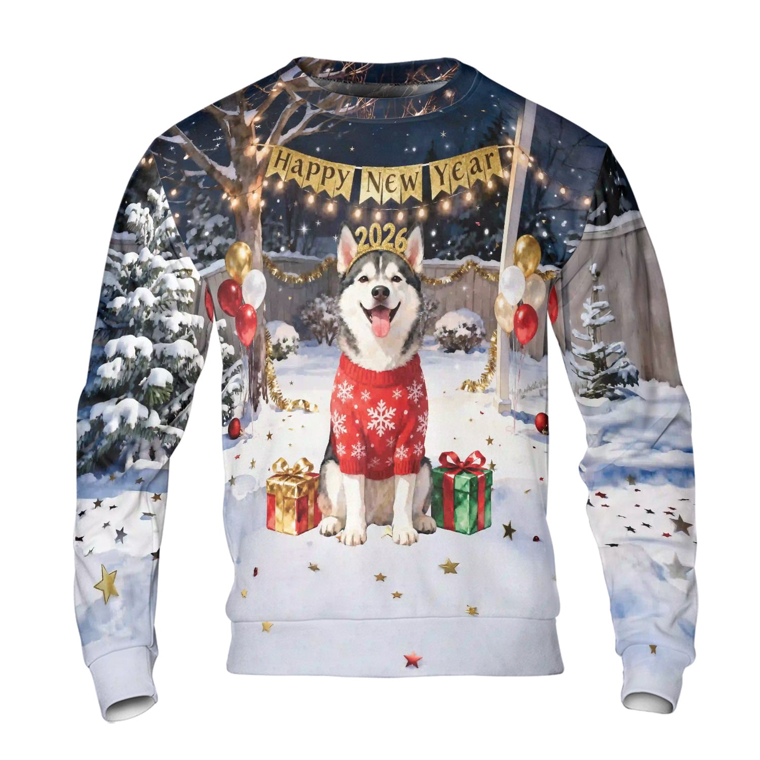 Happy New Year 2026 Siberian Husky Holiday Balloons Party Snow All Over ...