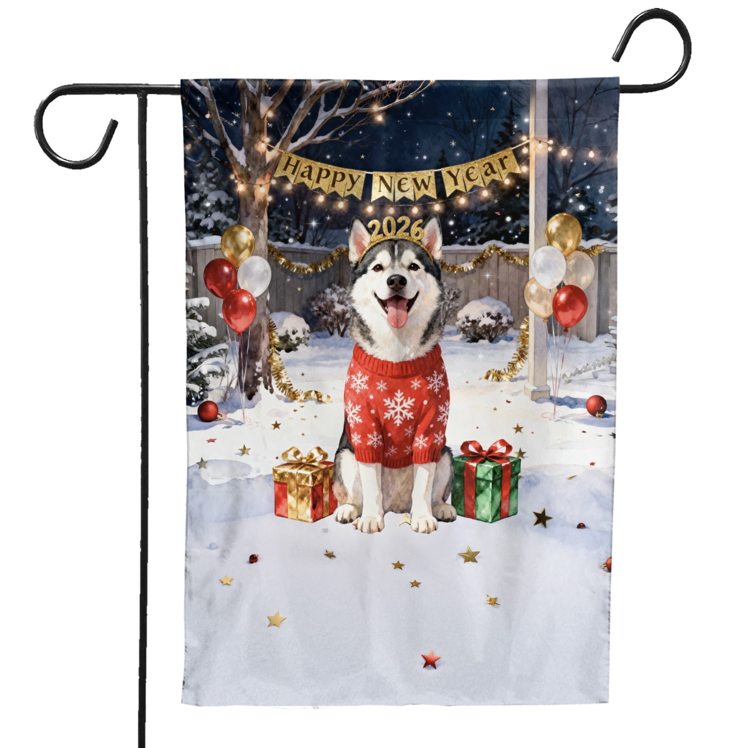 Happy New Year 2026 Siberian Husky Holiday Balloons Party Snow Garden ...