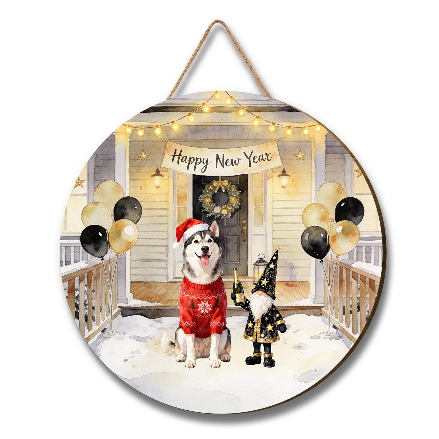 Happy New Year 2026 Siberian Husky Santa Gnome Holiday Party Snow Round ...