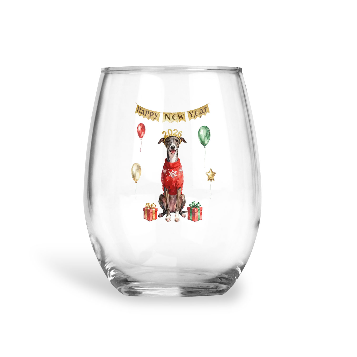 Happy New Year 2026 Whippet Holiday Balloons Party Snow 15oz Stemless ...