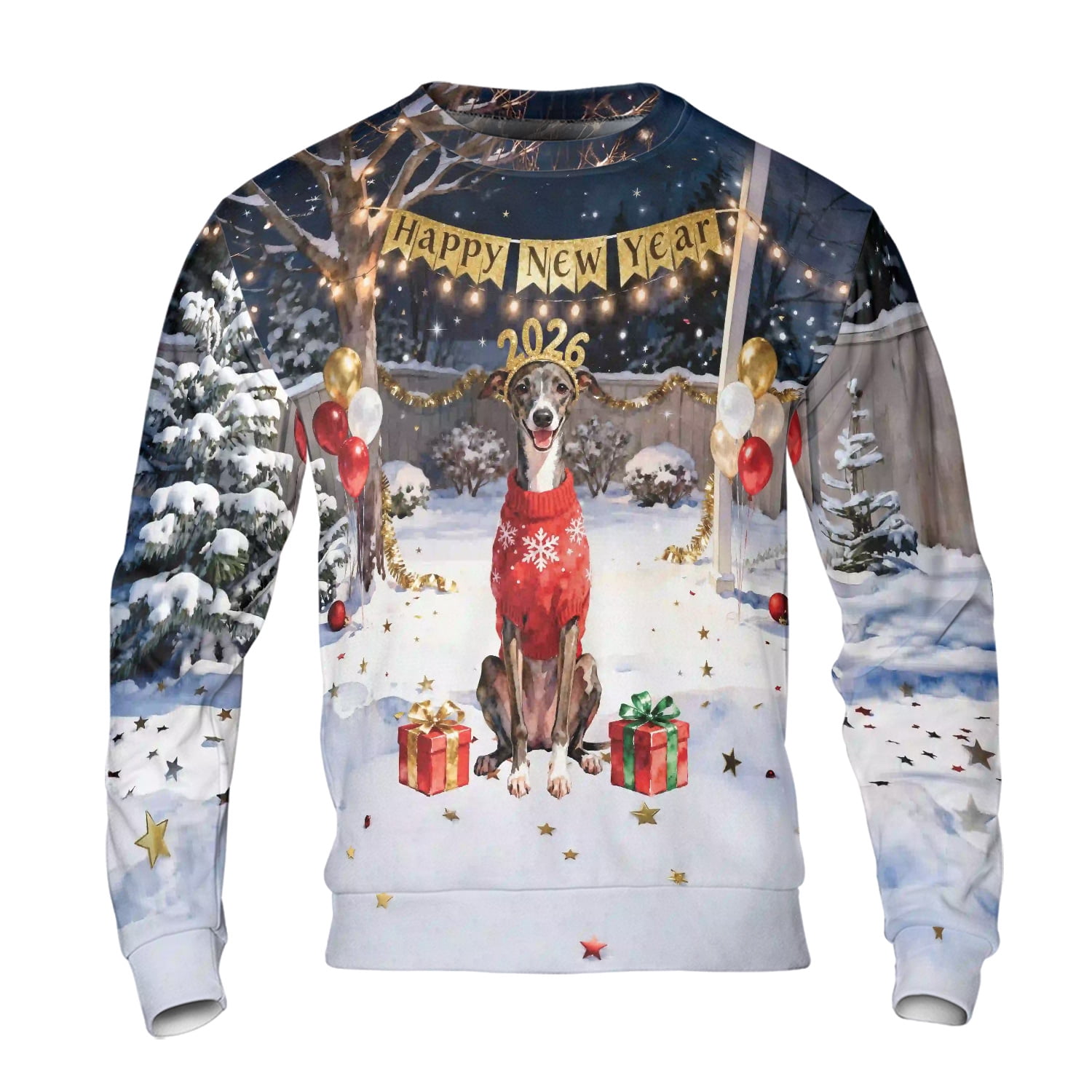 Happy New Year 2026 Whippet Holiday Balloons Party Snow All Over Print ...