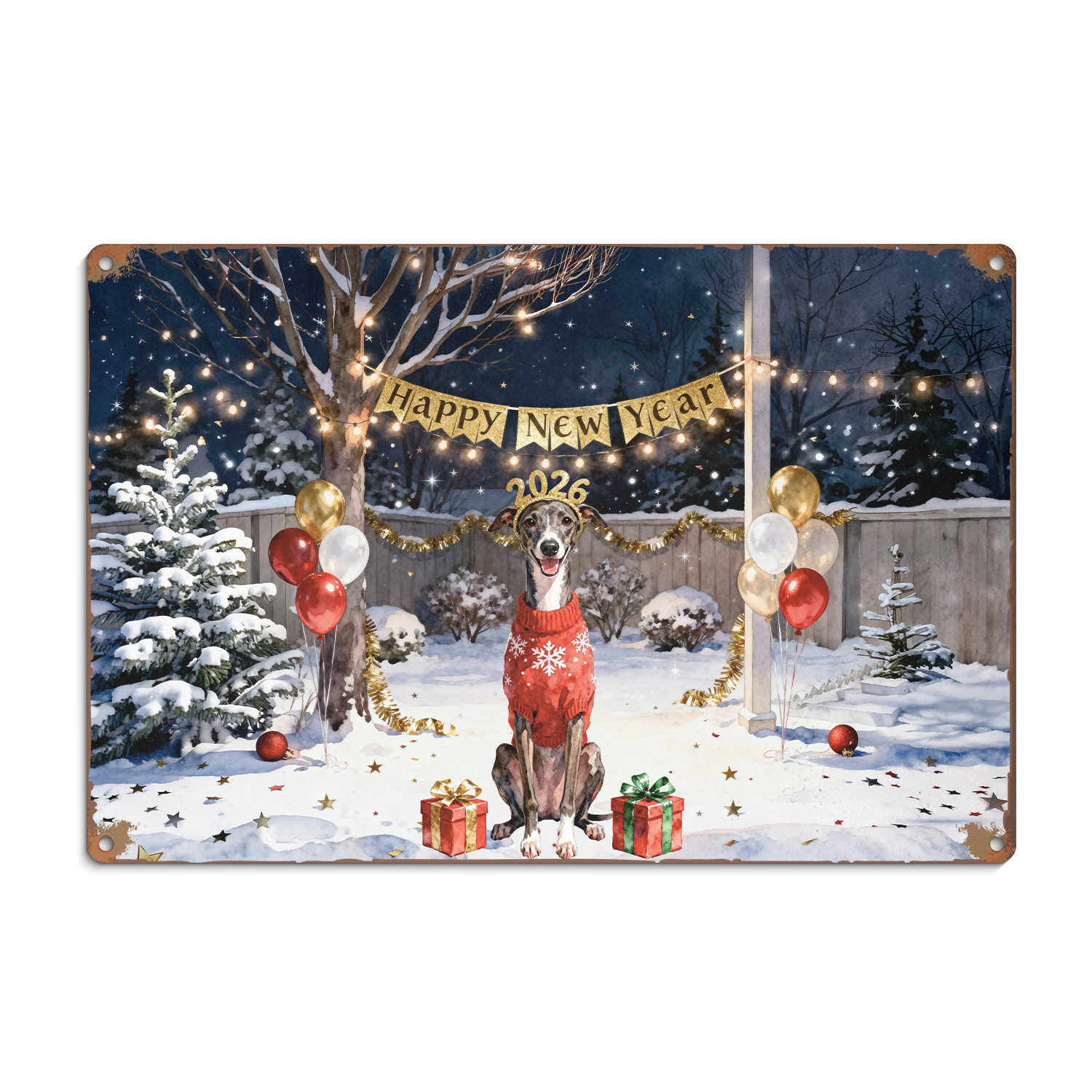 Happy New Year 2026 Whippet Holiday Balloons Party Snow Horizontal ...