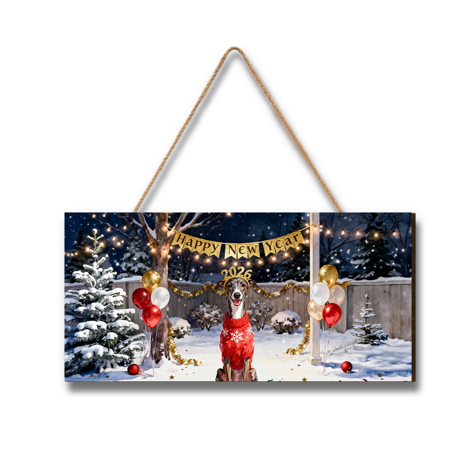 Happy New Year 2026 Whippet Holiday Balloons Party Snow Landscape Wood ...