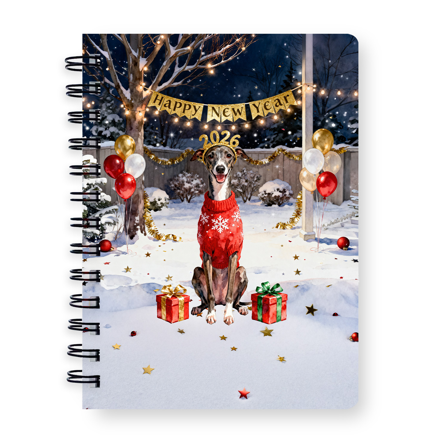 Happy New Year 2026 Whippet Holiday Balloons Party Snow Spiral Bound ...