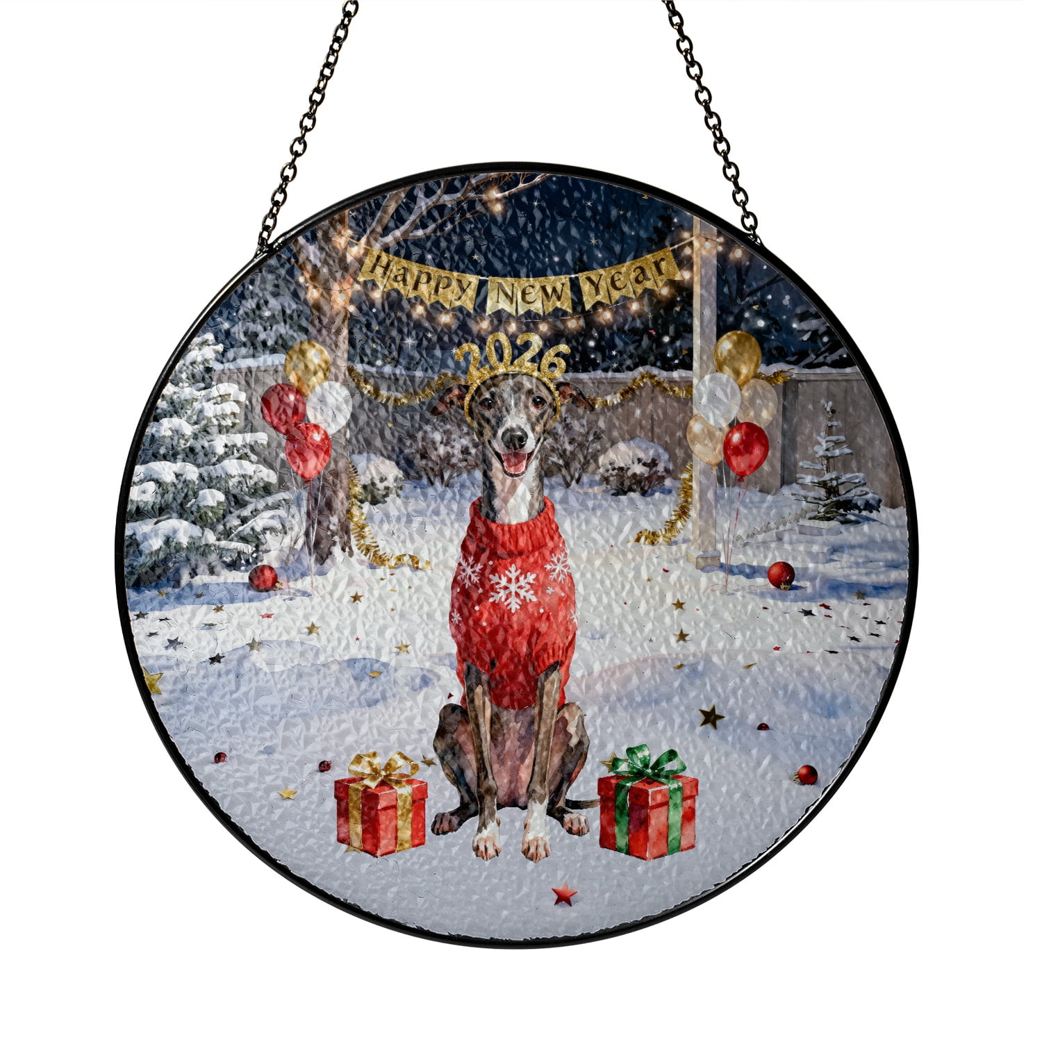 Happy New Year 2026 Whippet Holiday Balloons Party Snow Stained Glass ...