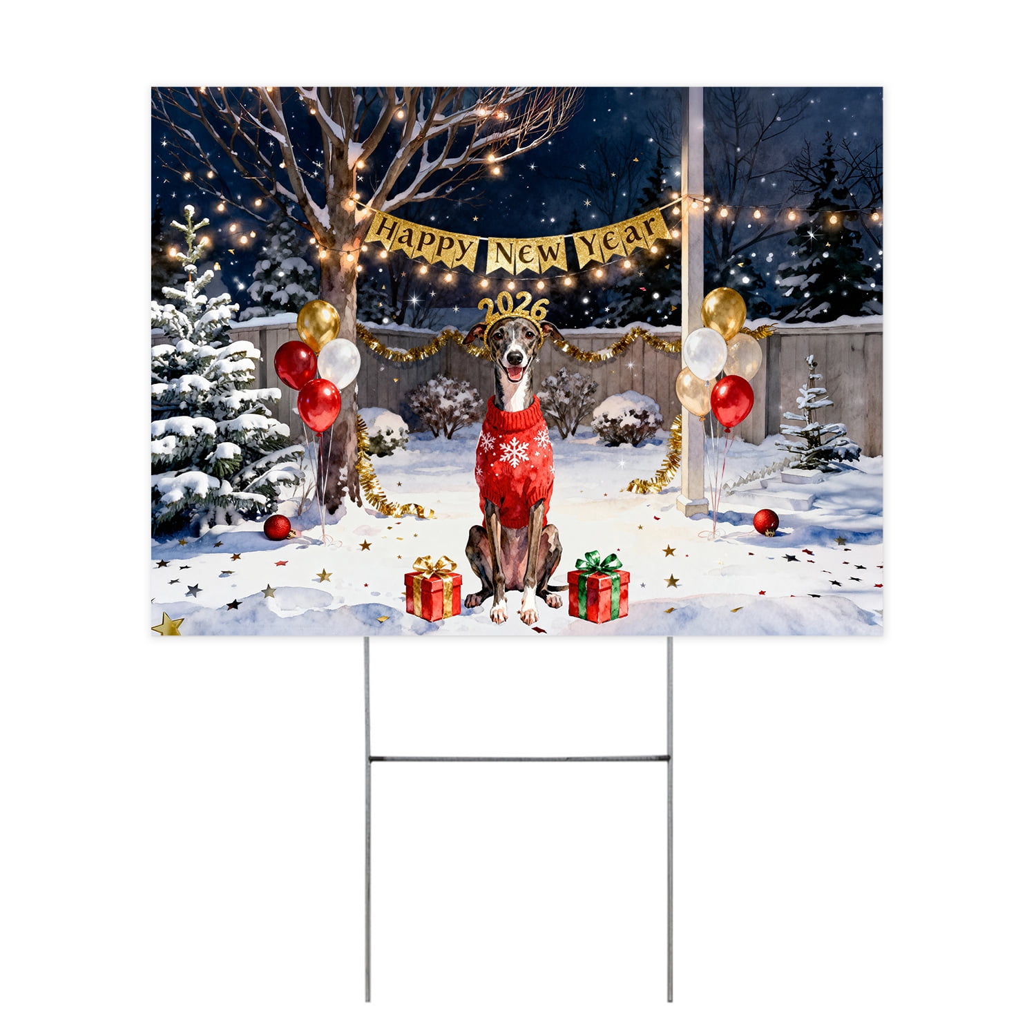 Happy New Year 2026 Whippet Holiday Balloons Party Snow Yard Sign Dog ...