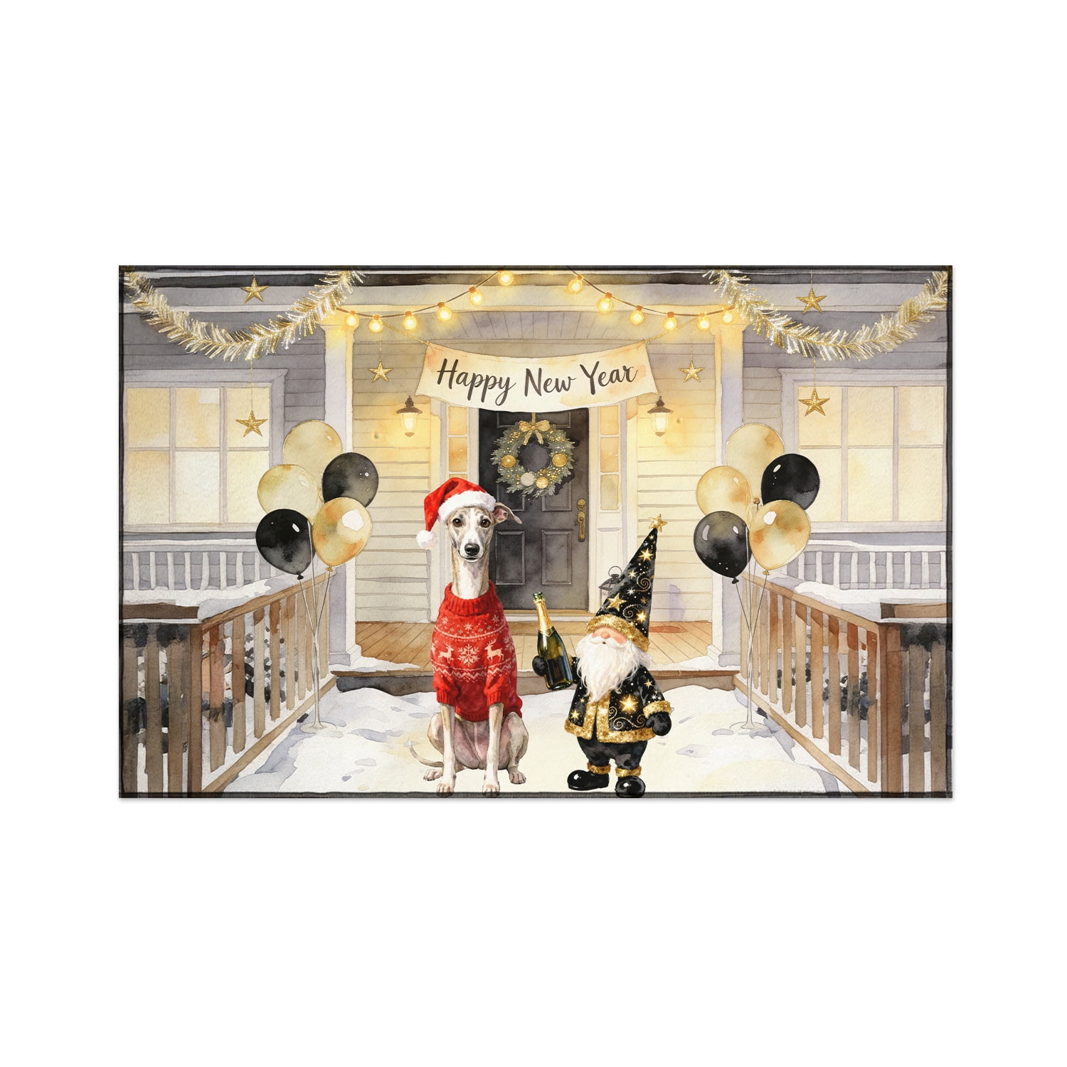 Happy New Year 2026 Whippet Santa Gnome Holiday Party Snow Indoor Rug ...