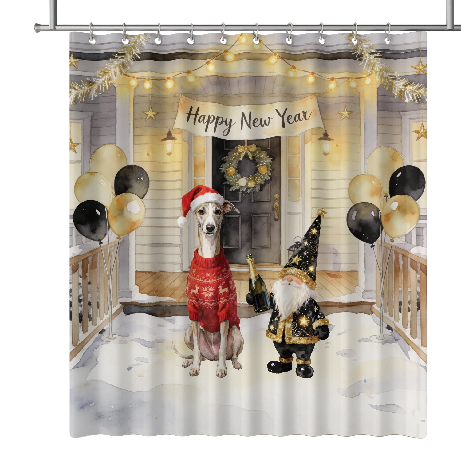 Happy New Year 2026 Whippet Santa Gnome Holiday Party Snow Shower ...