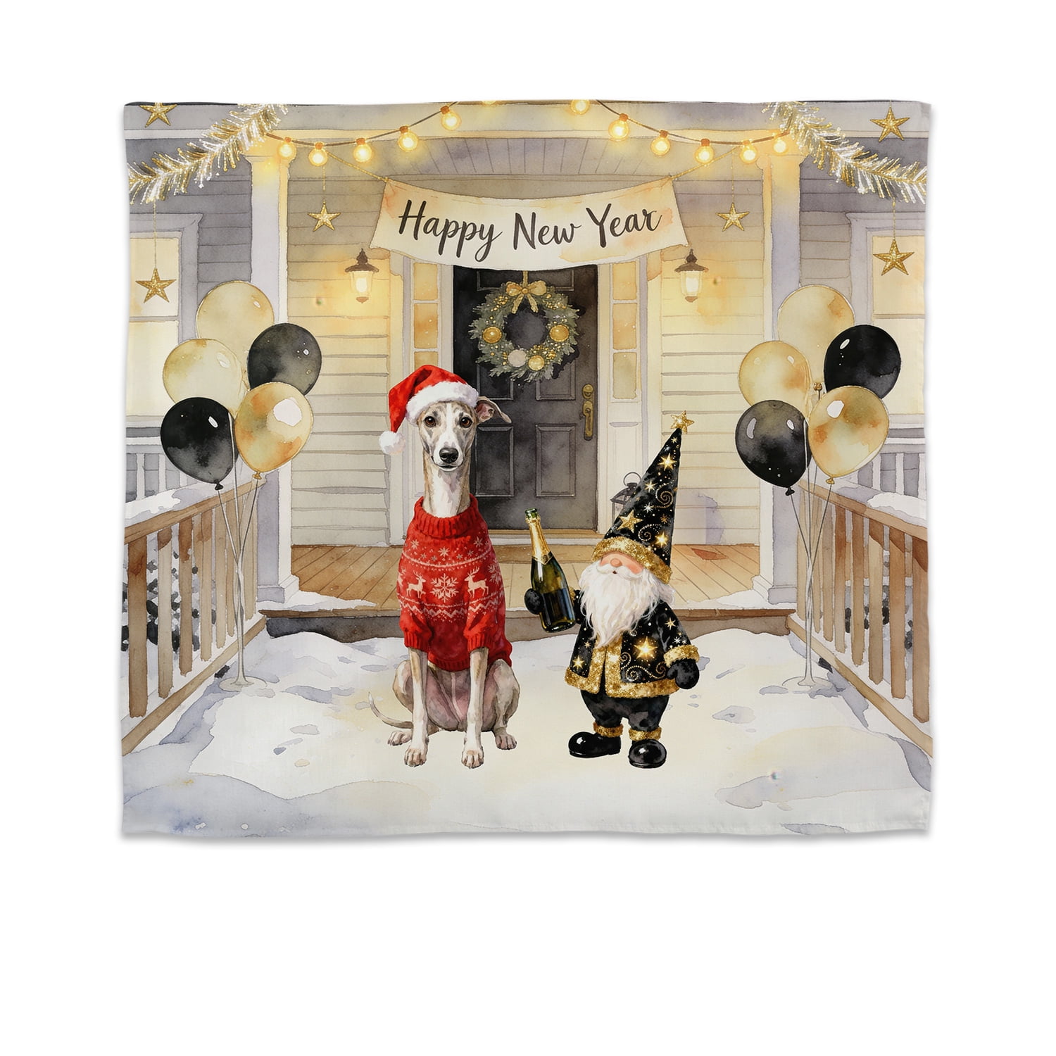 Happy New Year 2026 Whippet Santa Gnome Holiday Party Snow Tapestry Dog ...