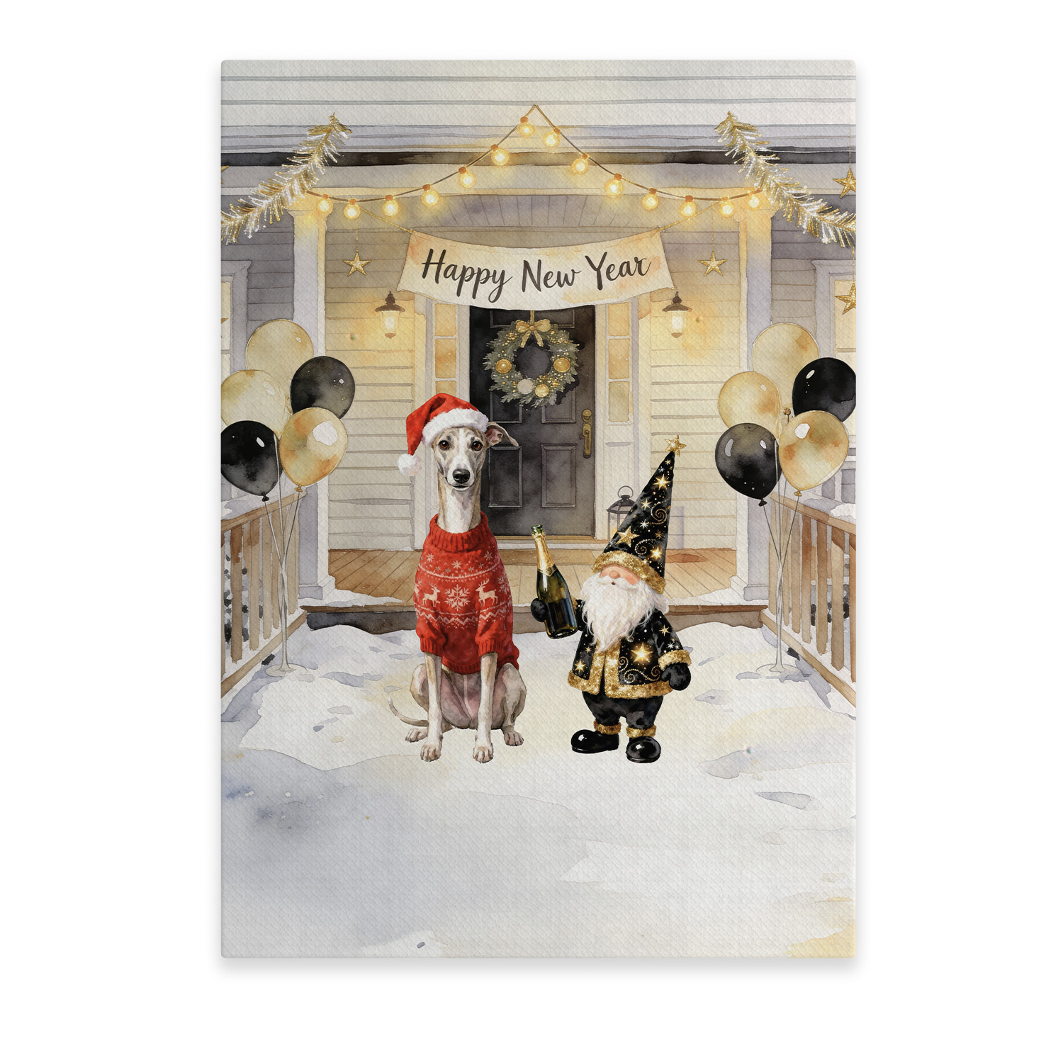Happy New Year 2026 Whippet Santa Gnome Holiday Party Snow Vertical ...