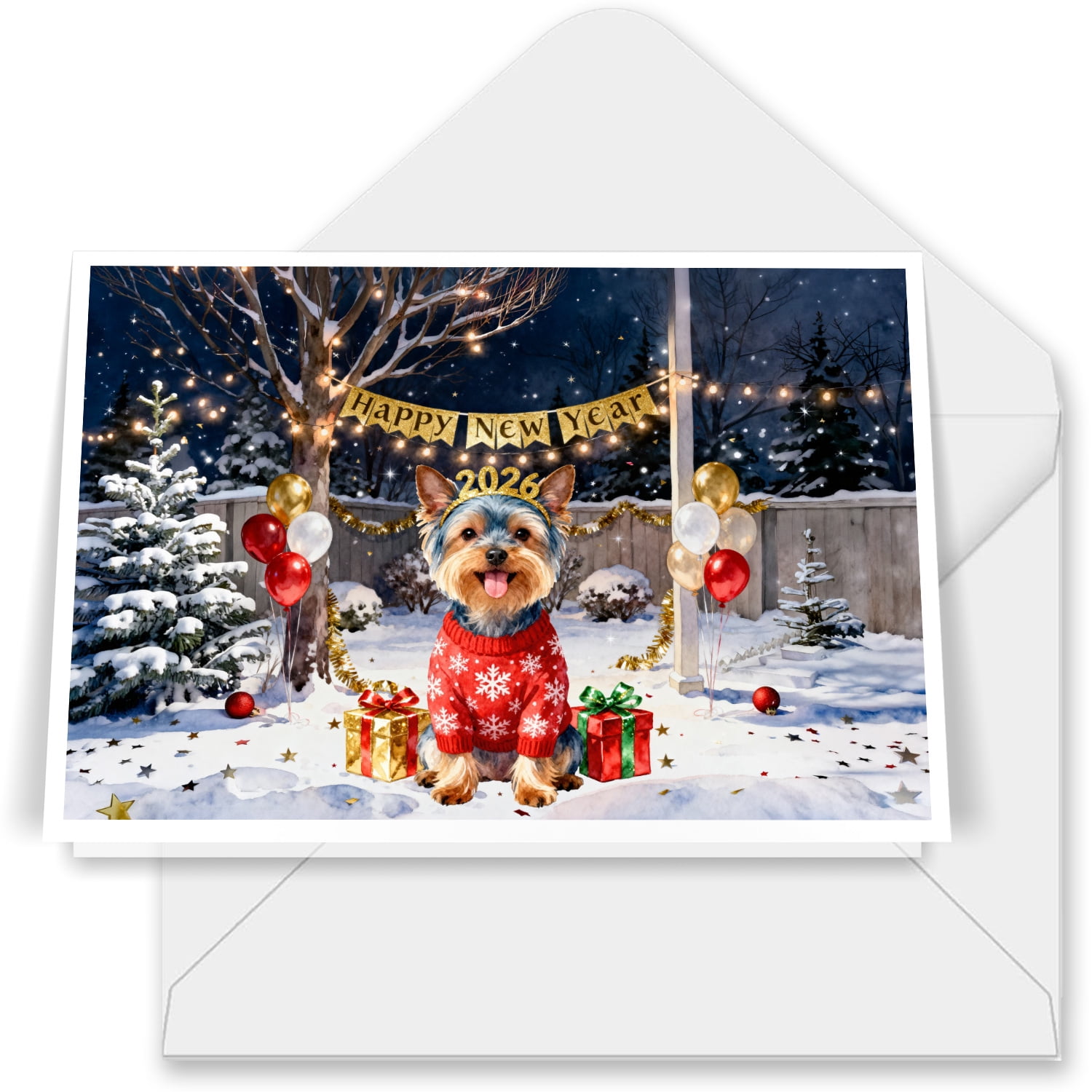 Happy New Year 2026 Yorkshire Terrier Holiday Balloons Party Snow 7x5in ...