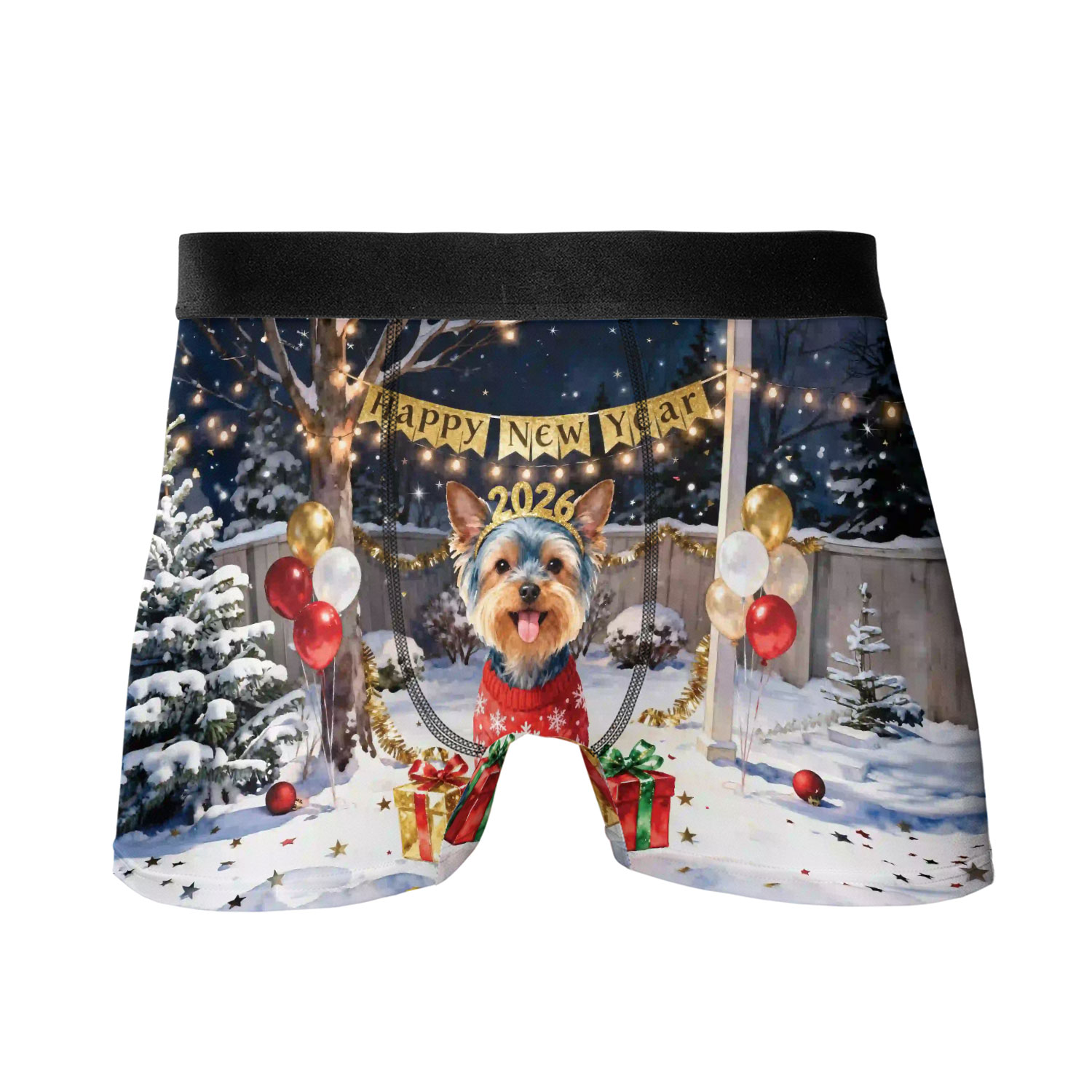 Happy New Year 2026 Yorkshire Terrier Holiday Balloons Party Snow All ...