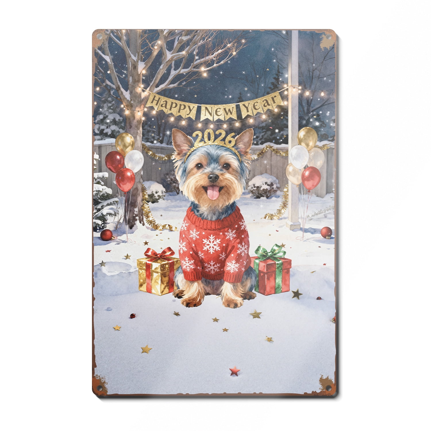 Happy New Year 2026 Yorkshire Terrier Holiday Balloons Party Snow ...