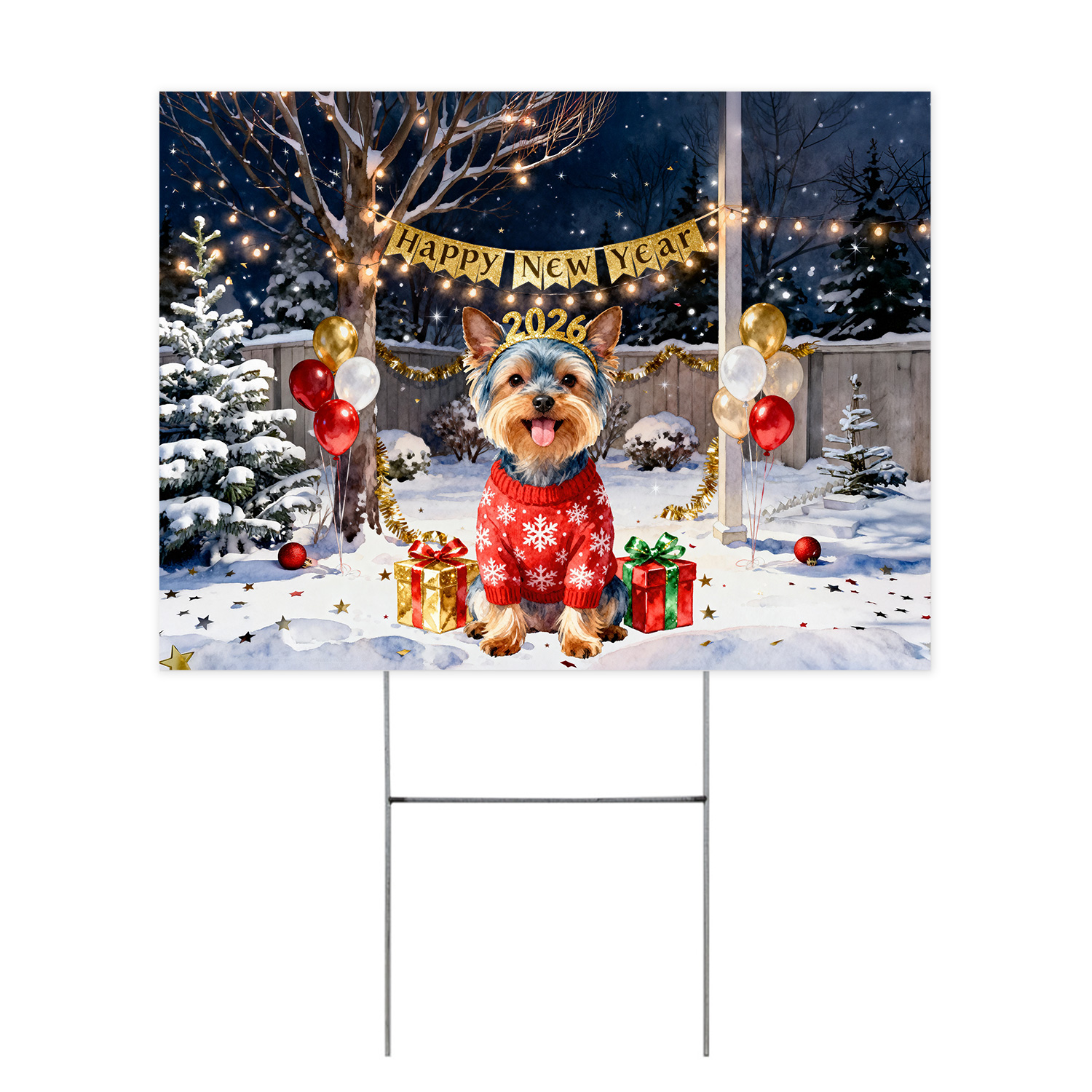 Happy New Year 2026 Yorkshire Terrier Holiday Balloons Party Snow Yard ...