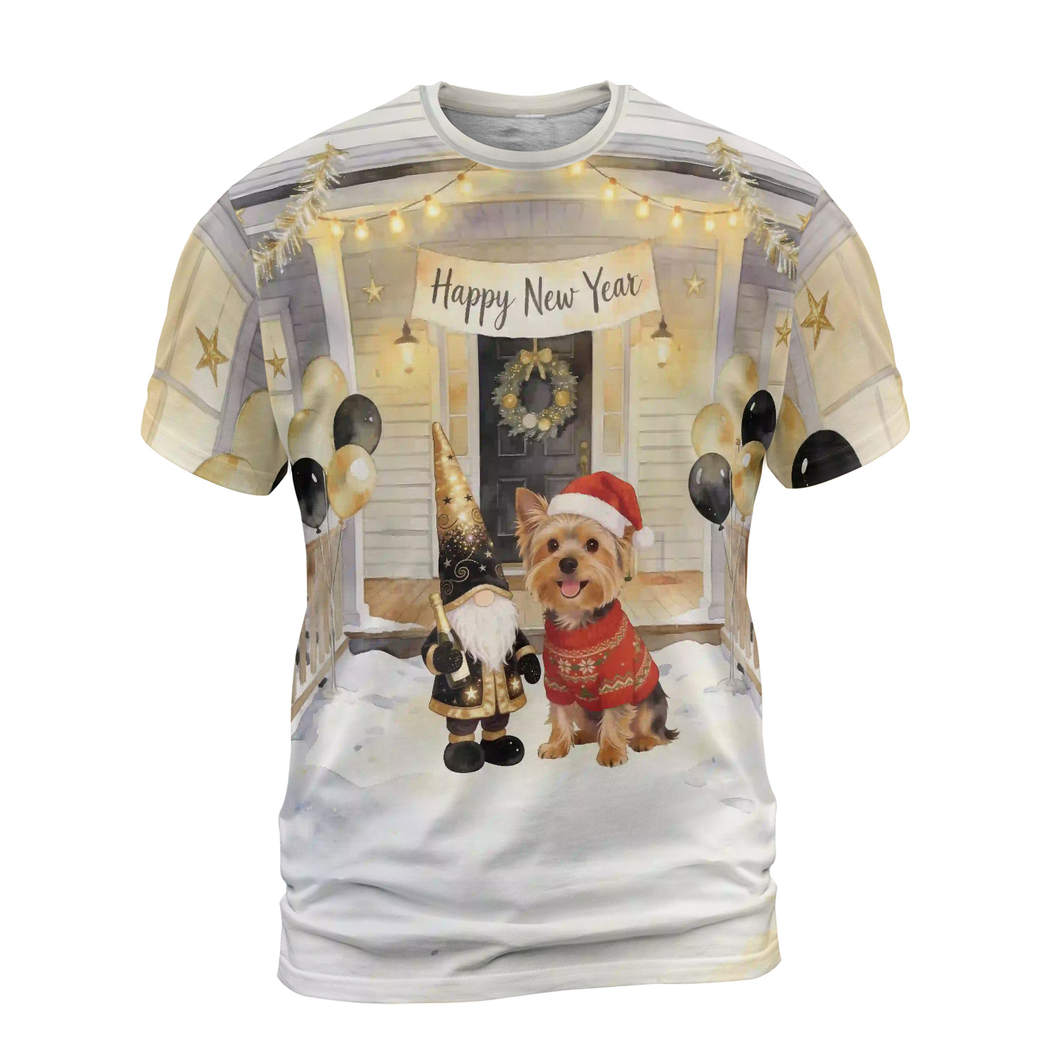 Happy New Year 2026 Yorkshire Terrier Santa Gnome Holiday Party Snow ...