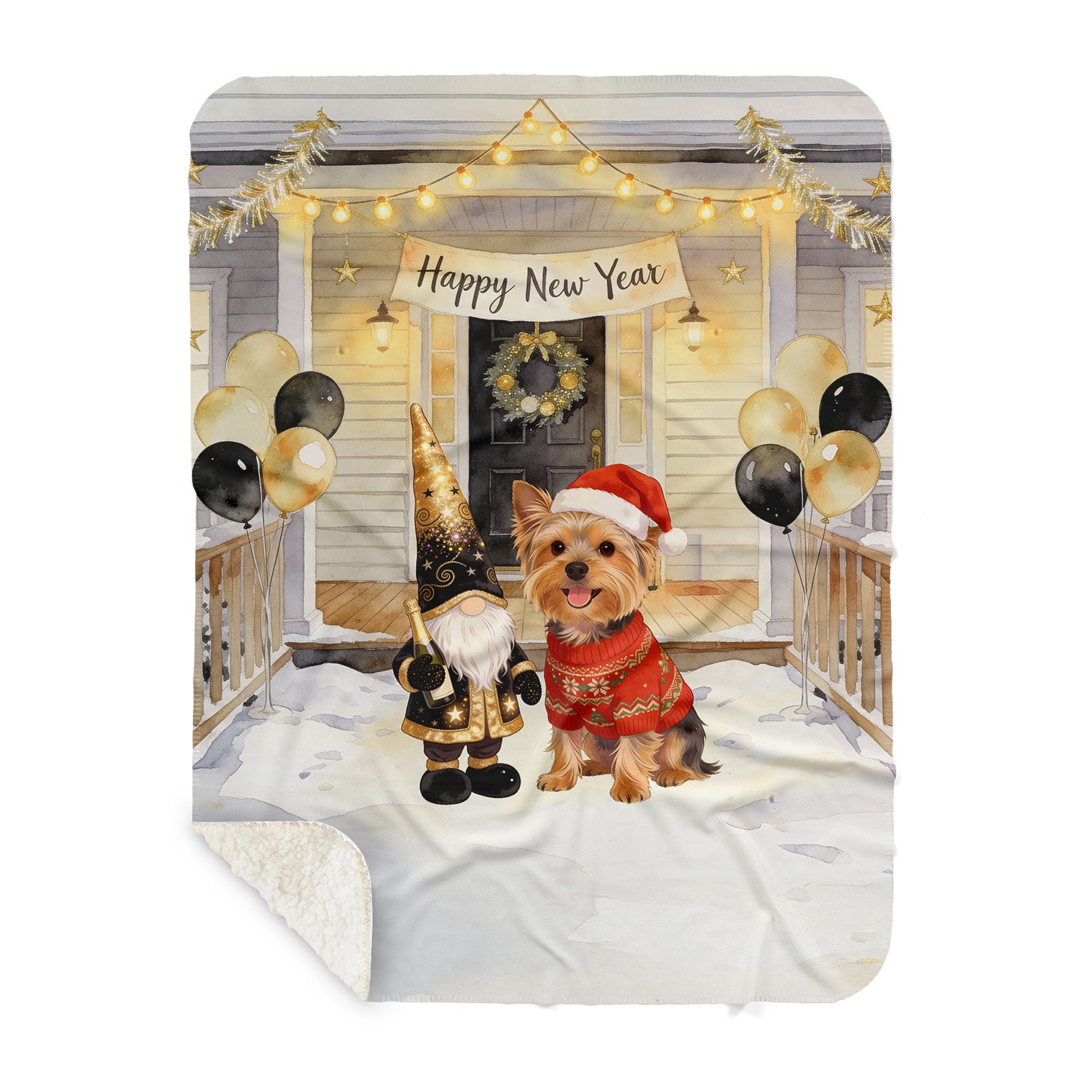 Happy New Year 2026 Yorkshire Terrier Santa Gnome Holiday Party Snow ...