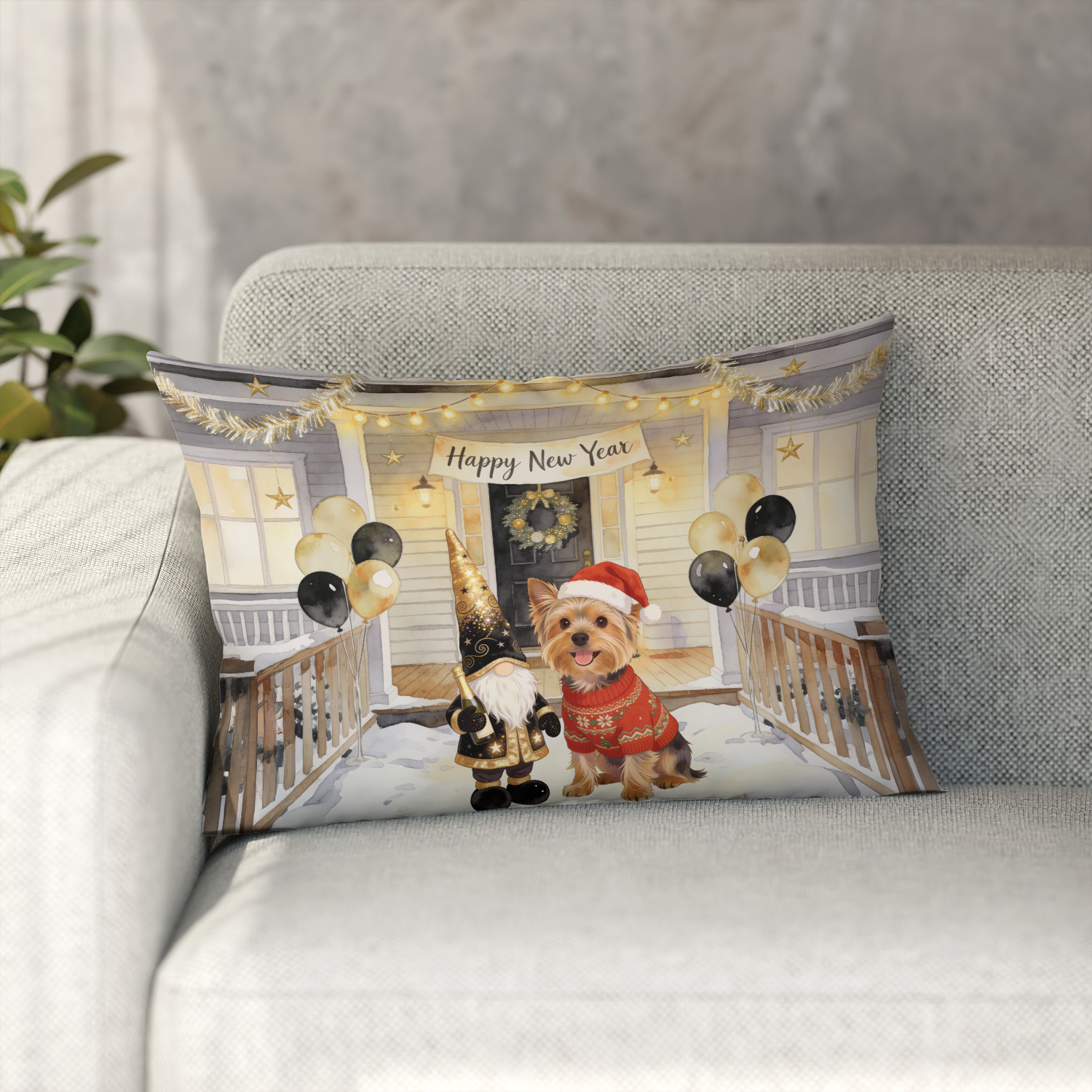 Happy New Year 2026 Yorkshire Terrier Santa Gnome Holiday Party Snow ...