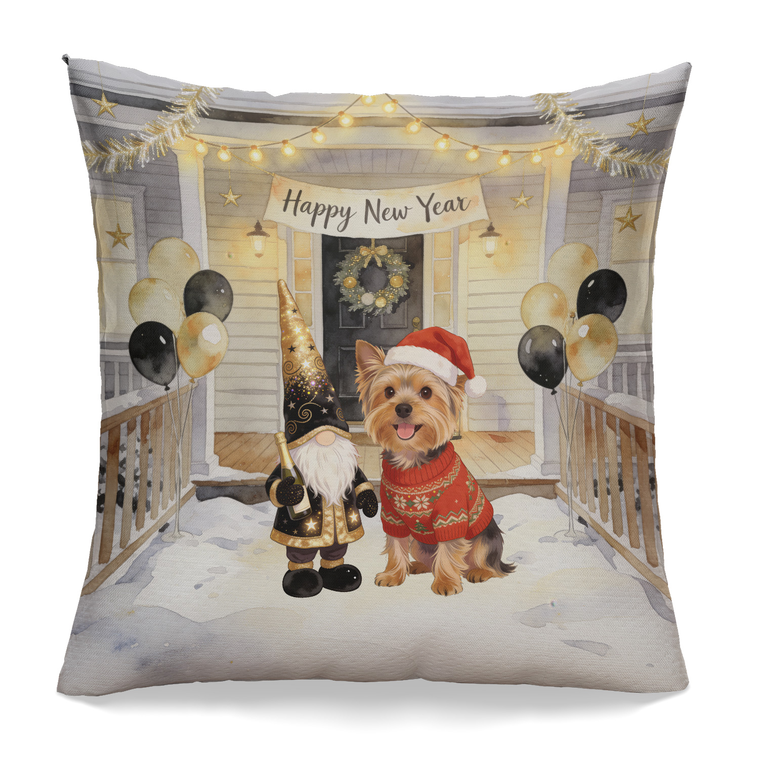 Happy New Year 2026 Yorkshire Terrier Santa Gnome Holiday Party Snow ...