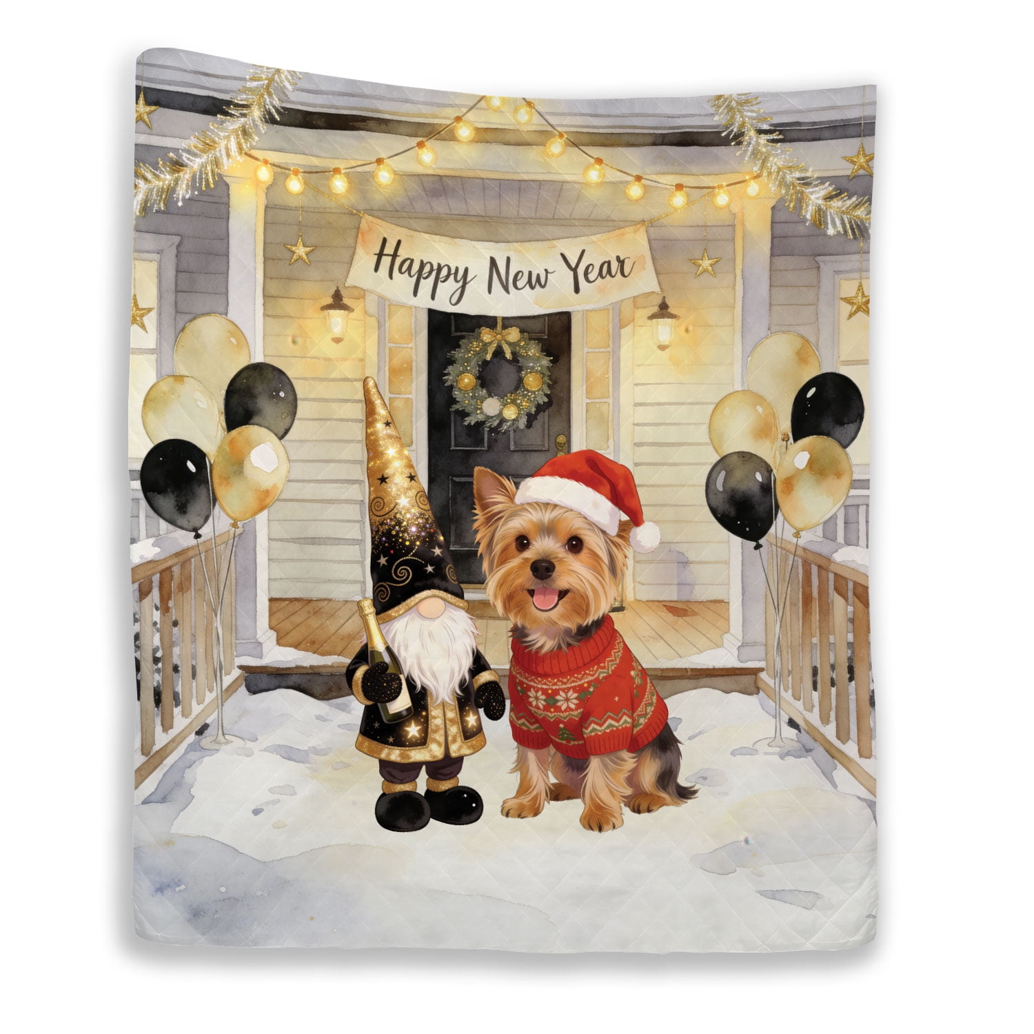 Happy New Year 2026 Yorkshire Terrier Santa Gnome Holiday Party Snow ...