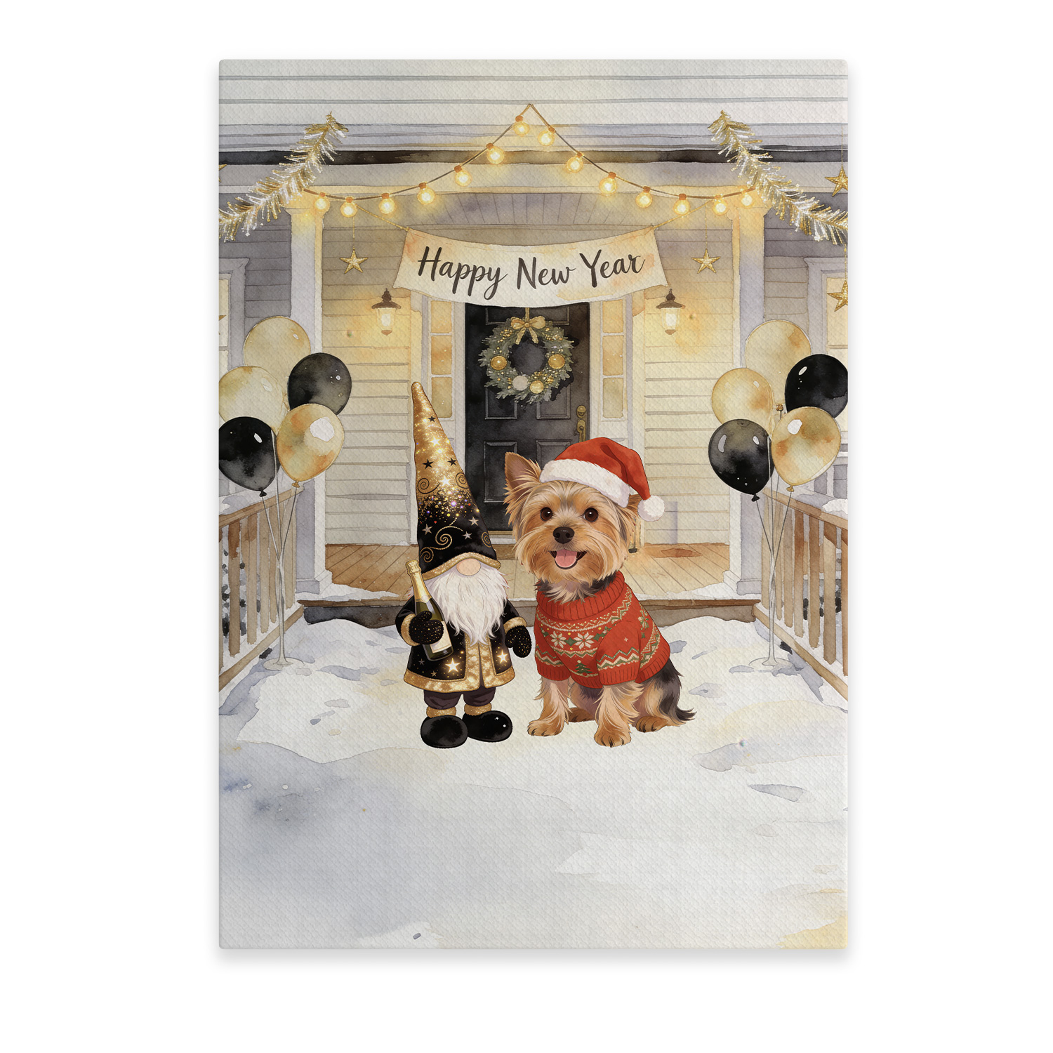 Happy New Year 2026 Yorkshire Terrier Santa Gnome Holiday Party Snow ...