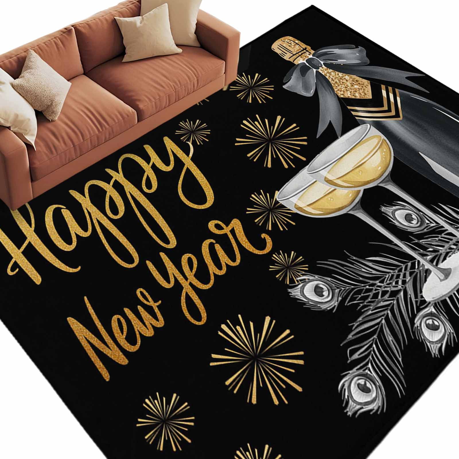 Happy New Year 8'x10' Large Area Rugs Champagne Cup Gold Fireworks ...