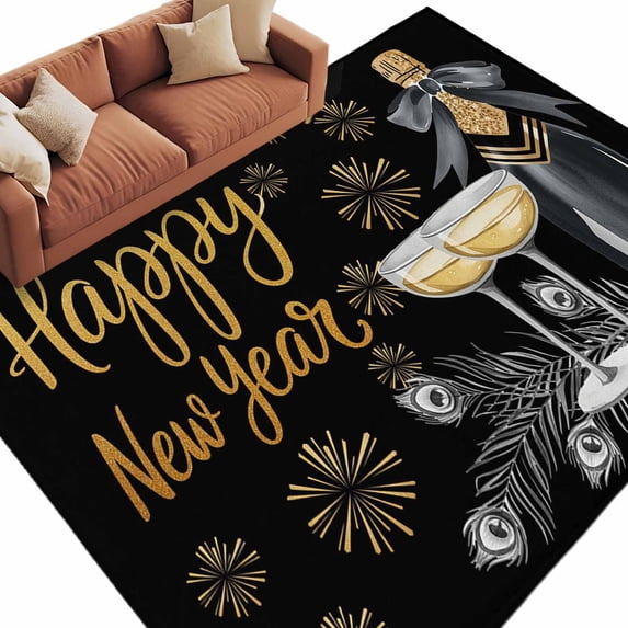 Happy New Year 8'x10' Large Area Rugs Champagne Cup Gold Fireworks ...
