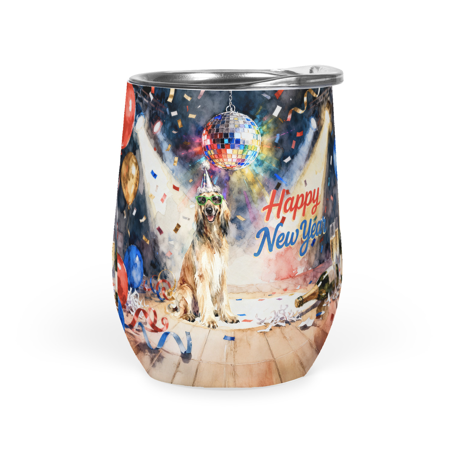 Happy New Year Afghan Hound Chills on Year-End Party 12oz Stainless ...