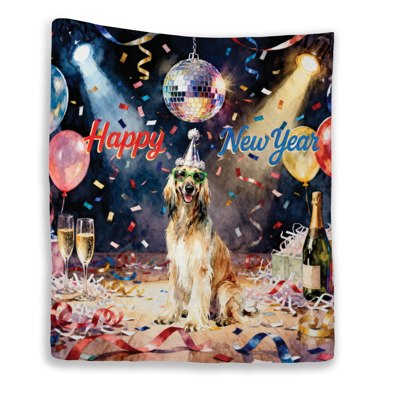 Happy New Year Afghan Hound Chills on Year-End Party Quilt Blanket Dog ...