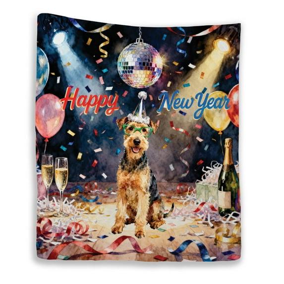 Happy New Year Airedale Terrier Chills on Year-End Party Quilt Blanket ...