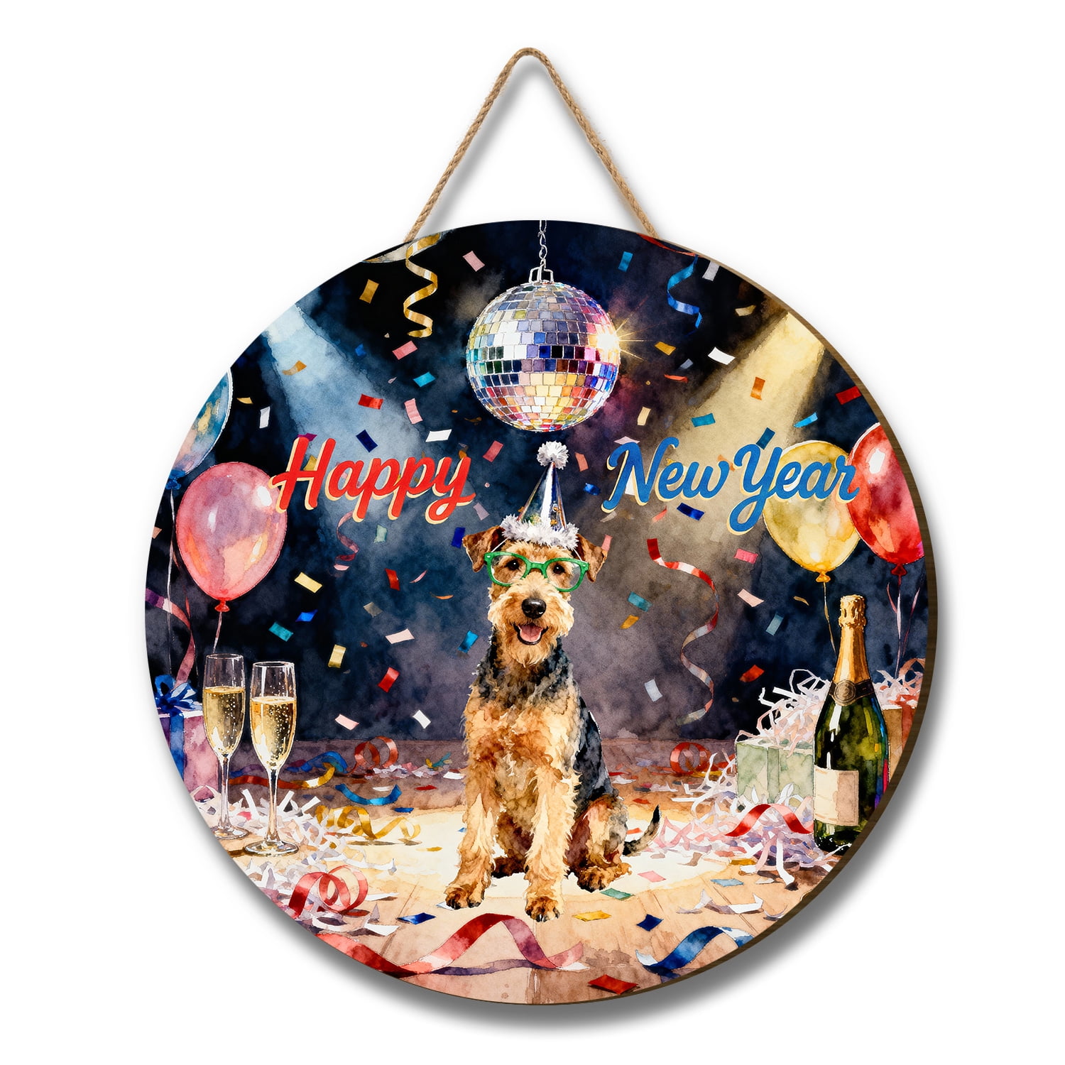 Happy New Year Airedale Terrier Chills on Year-End Party Round Wood ...