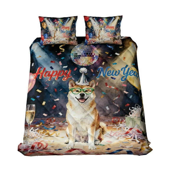 Happy New Year Akita Chills on Year-End Party Quilt Bedding Set Inu Dog ...