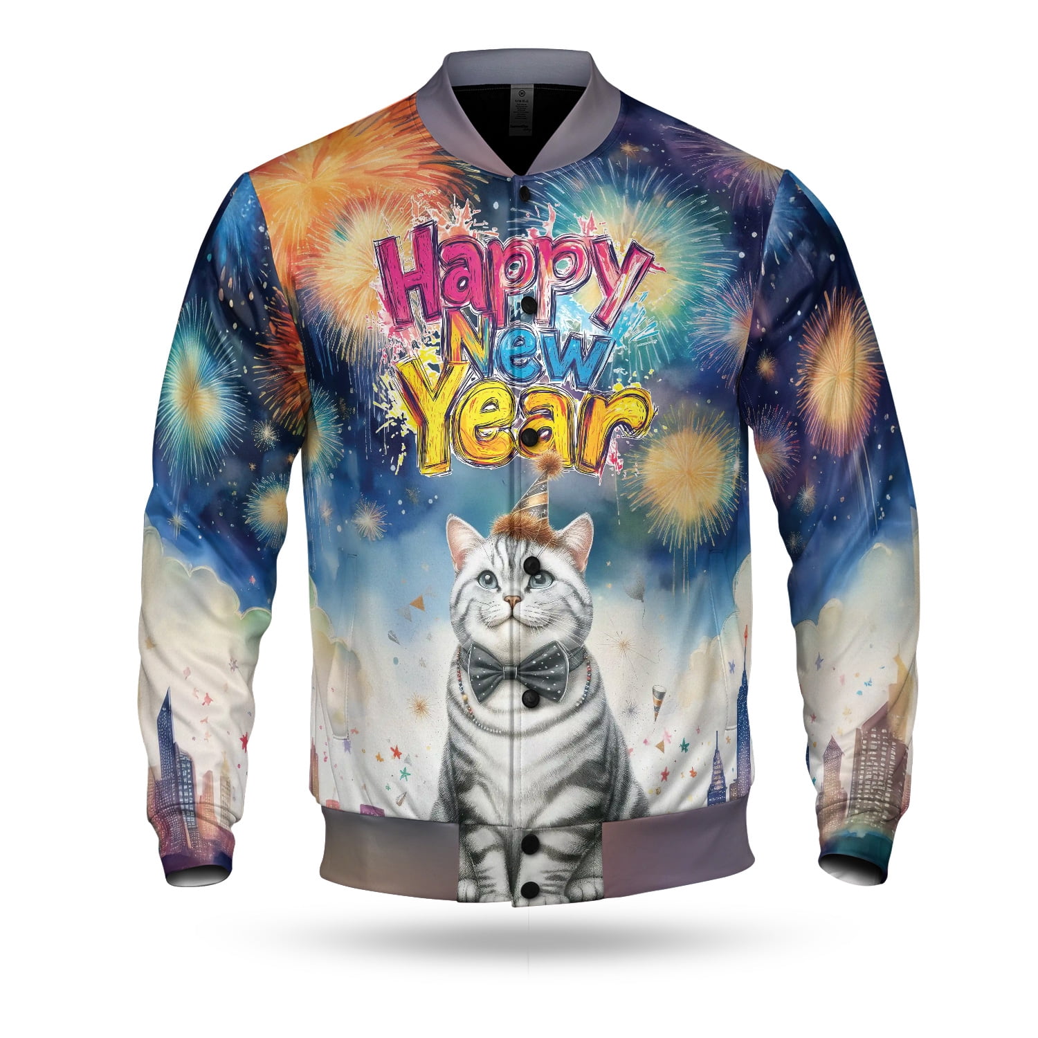 Happy New Year with American Shorthair Fireworks Holiday Xmas Winter ...