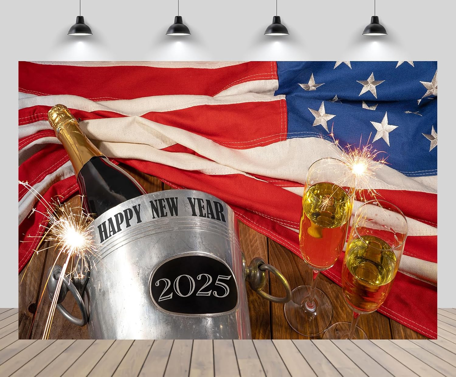 Happy New Year Backdrop 2025 Champagne Wine Glasses USA Flag Fireworks Wooden Table Background ...