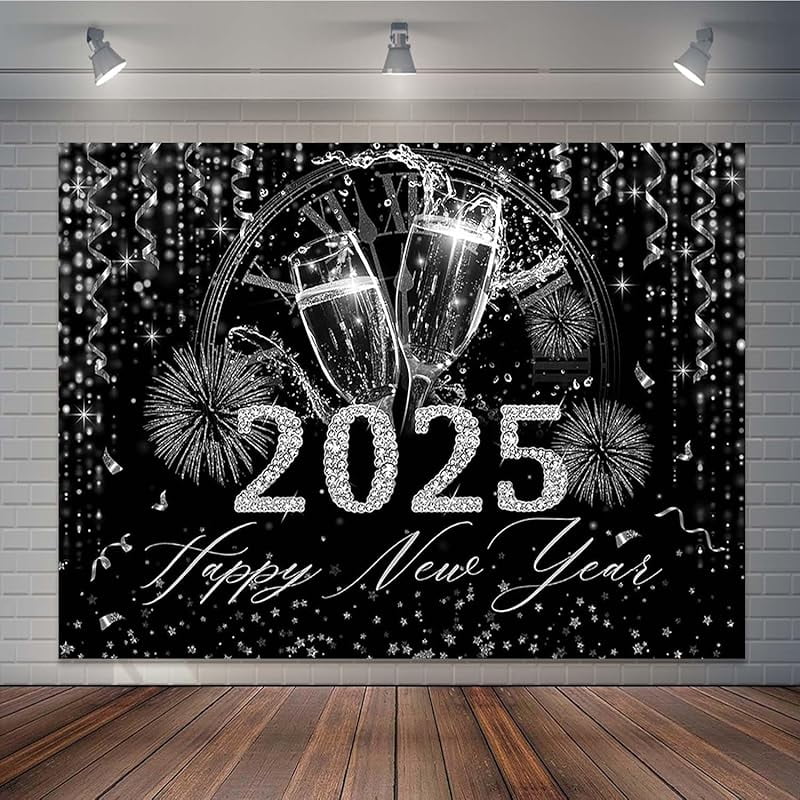 Happy New Year Backdrop 2025 New Year's Eve Fireworks Photography Background Black Silver Bokeh ...