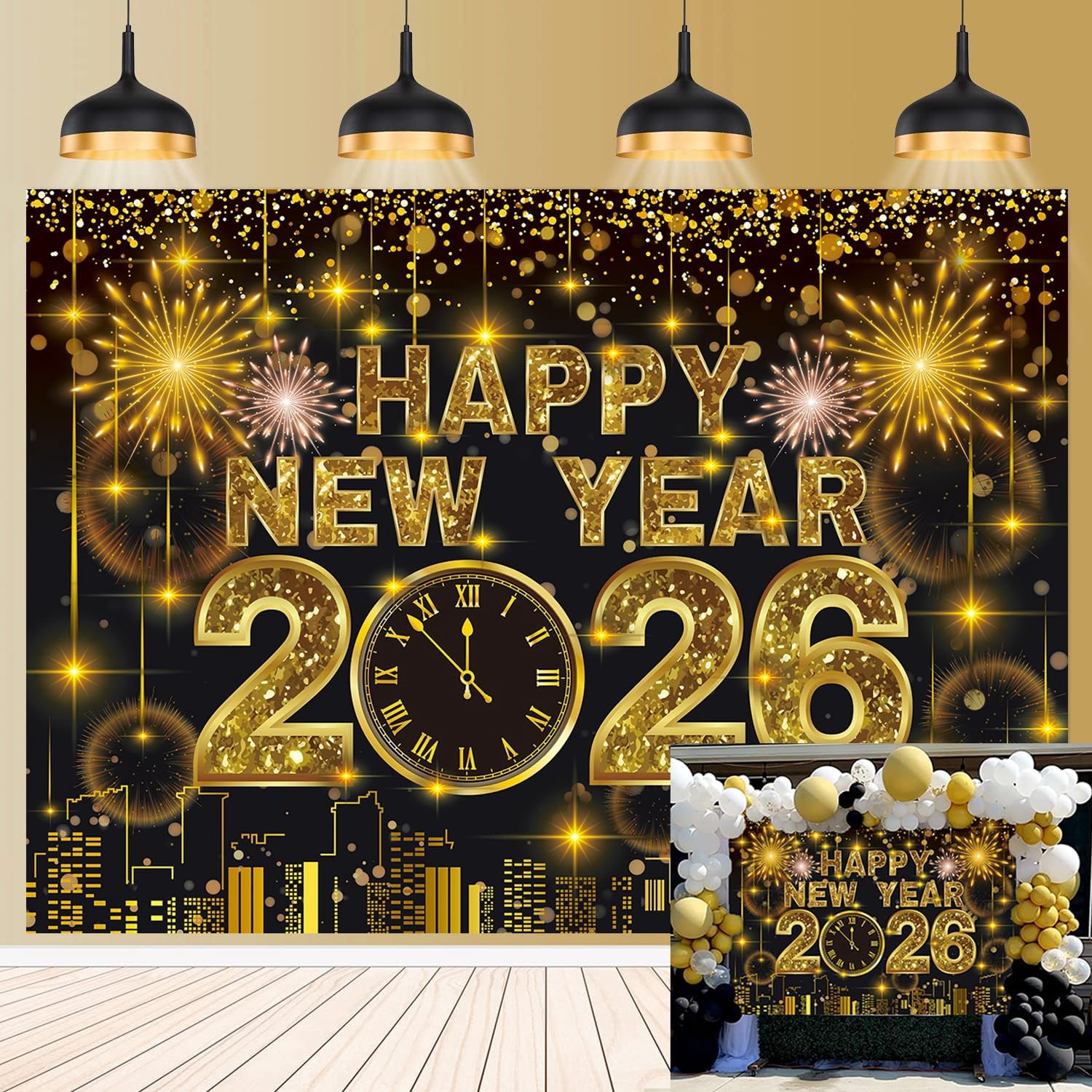 Happy New Year Backdrop 2026 Black and Gold Fireworks New Years Eve ...