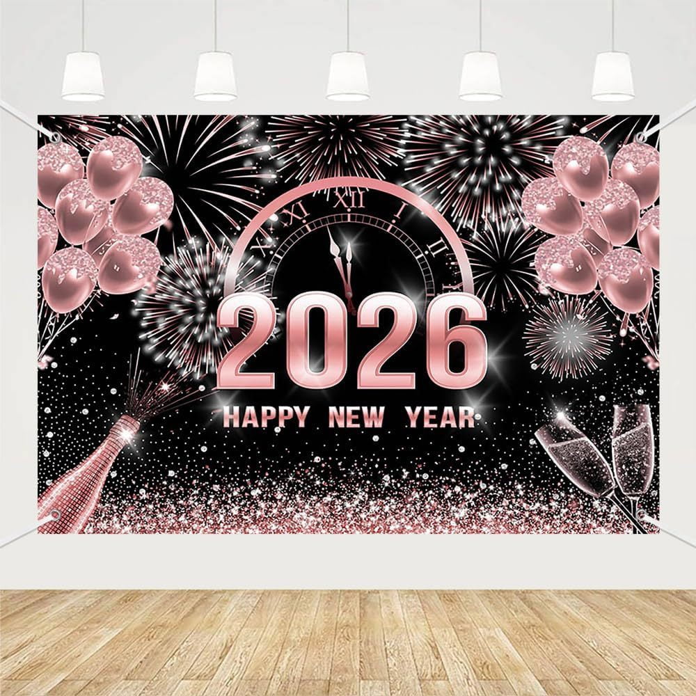 Happy New Year Backdrop 2026,Firework Balloon Decorations Banner ...