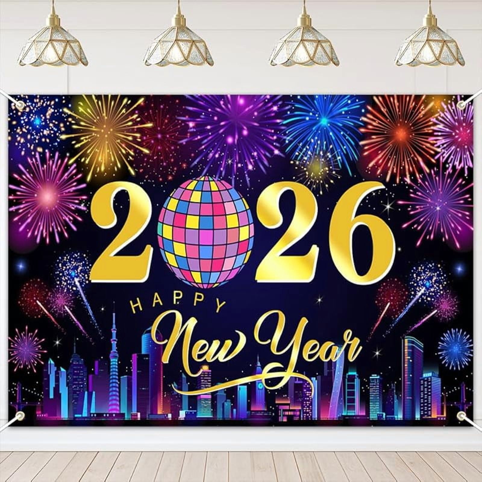 Happy New Year Backdrop 2026 New Years Banner Fireworks Multicolor ...