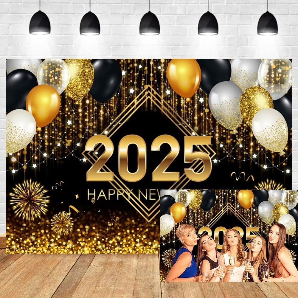 Happy New Year Backdrop Blue Silver Balloons Hello 2025 Photography ...